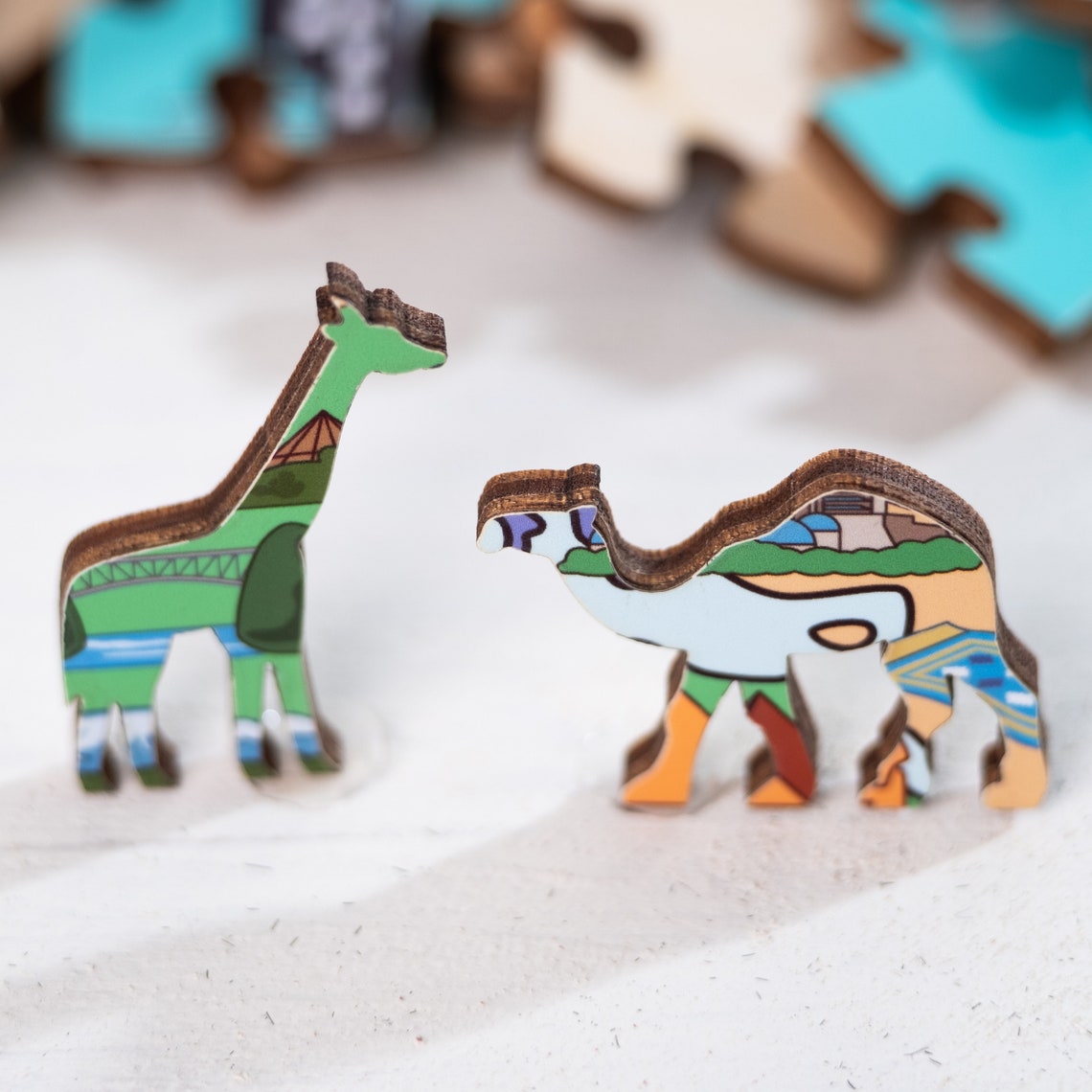 World Map Illustration Wooden Jigsaw Puzzle Holiday Laser Cut - Etsy