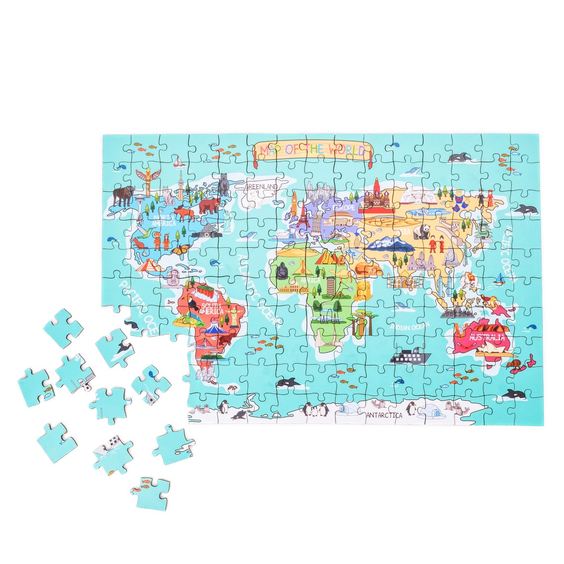 World Map Illustration Wooden Jigsaw Puzzle, Holiday Laser Cut Board ...