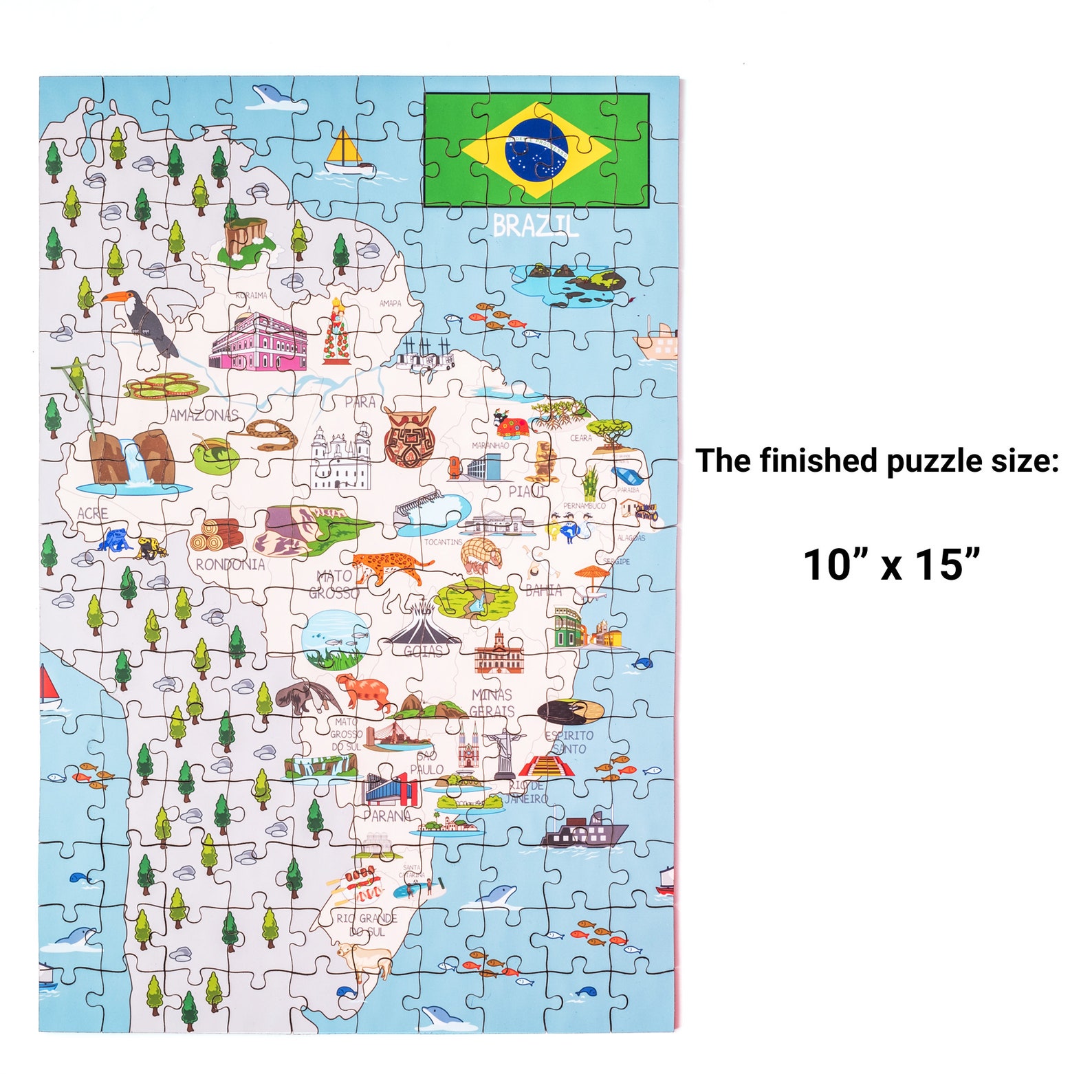 Brazil Map Wooden Jigsaw Puzzle for Kids 6+, Handmade Educational ...