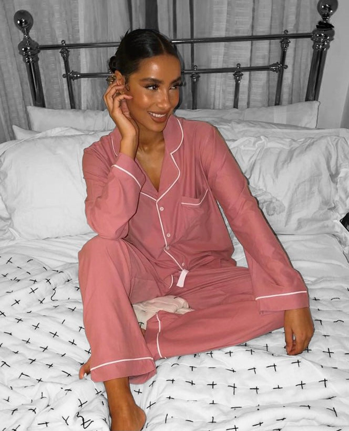 Pink Cotton Pyjamas With White Piping Lapel Collar - Etsy
