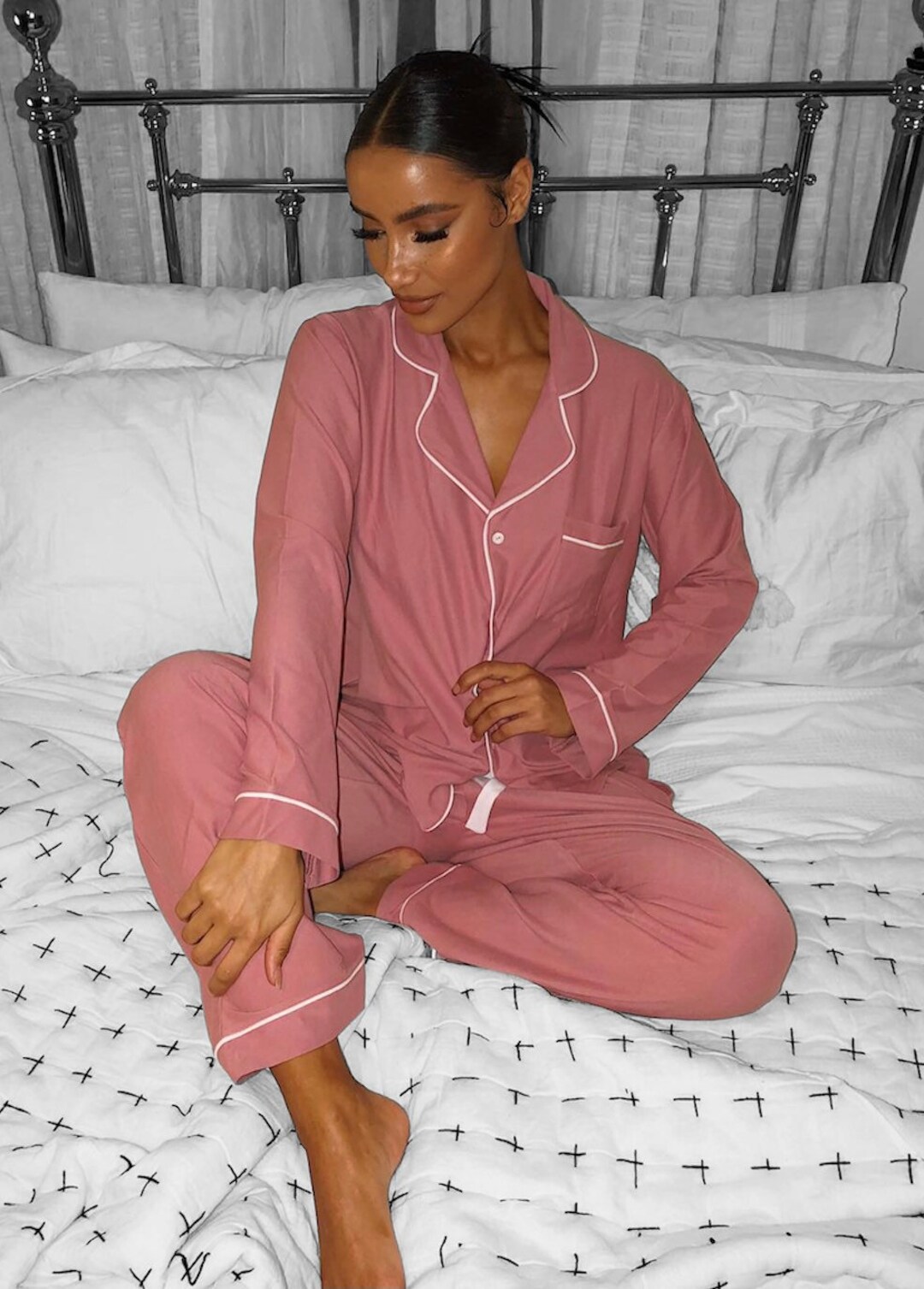 Pink Cotton Pyjamas With White Piping Lapel Collar - Etsy