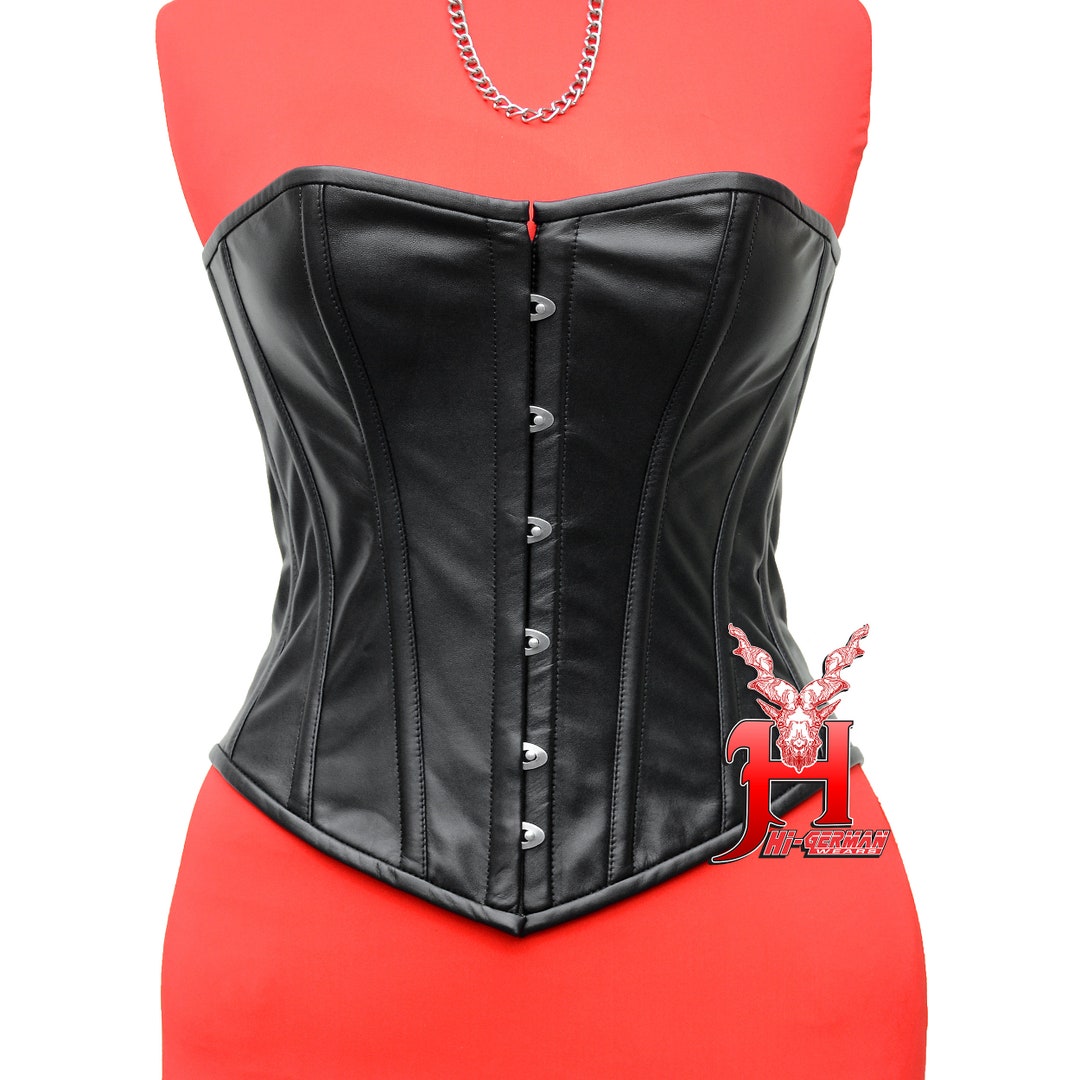 Handmade Women Black Leather Overbust Corsets Steel Boned Truly Waist