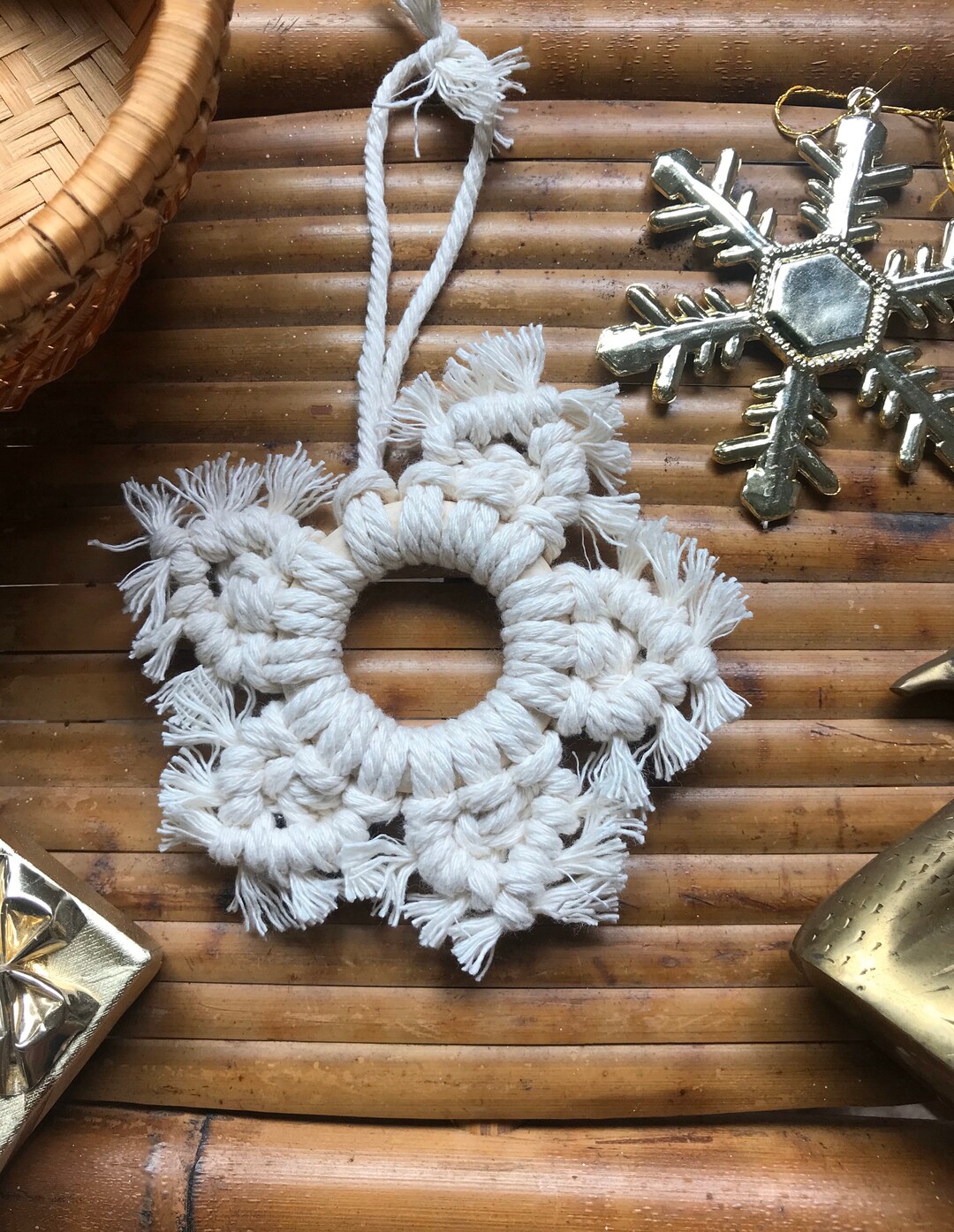 White Macrame Christmas Ornament, Minimal Macrame Holiday Decor, Rustic ...