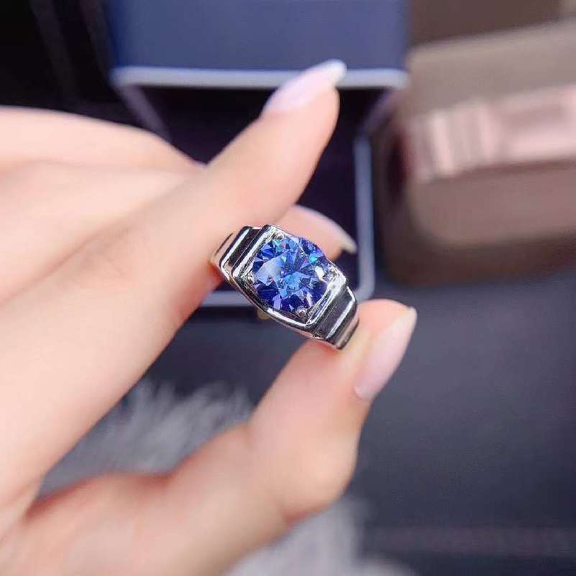 Unique 2ct Dark Blue Moissanite Ring for Men, Men's Luxury Moissanite ...