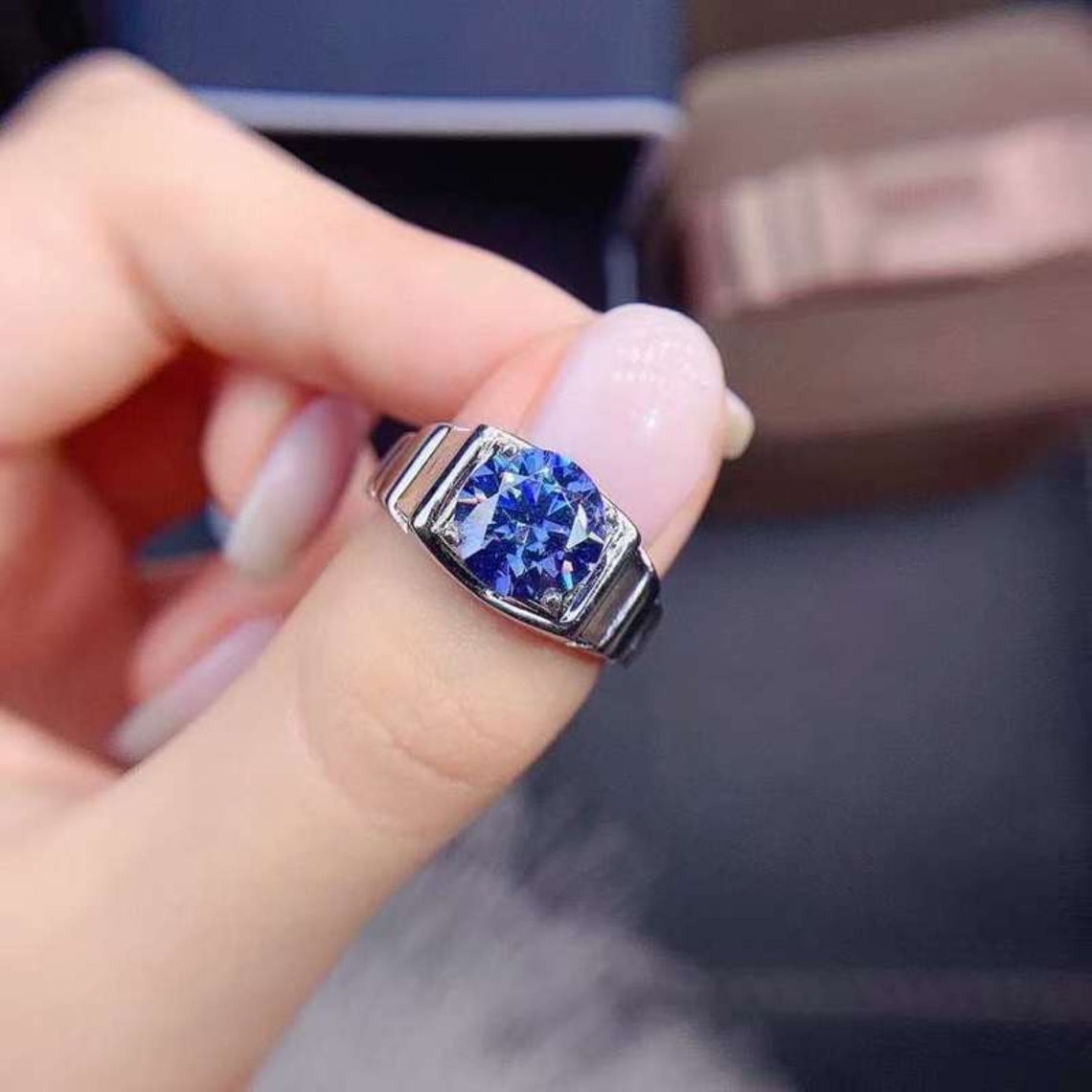 Unique 2ct Dark Blue Moissanite Ring for Men, Men's Luxury Moissanite ...