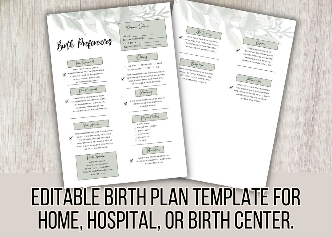 Editable Birth Preferences Template, Downloadable Birth Plan for Doula ...