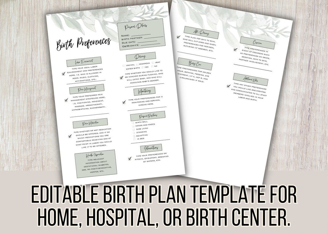 Editable Birth Preferences Template, Downloadable Birth Plan for Doula ...