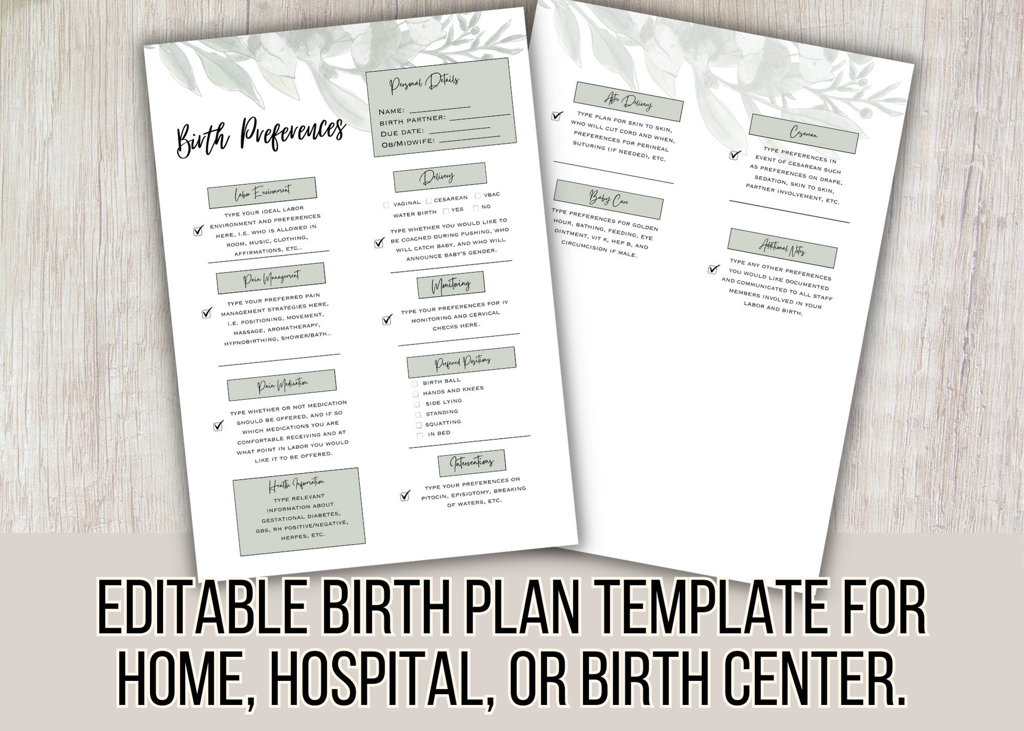 Editable Birth Preferences Template, Downloadable Birth Plan for Doula ...