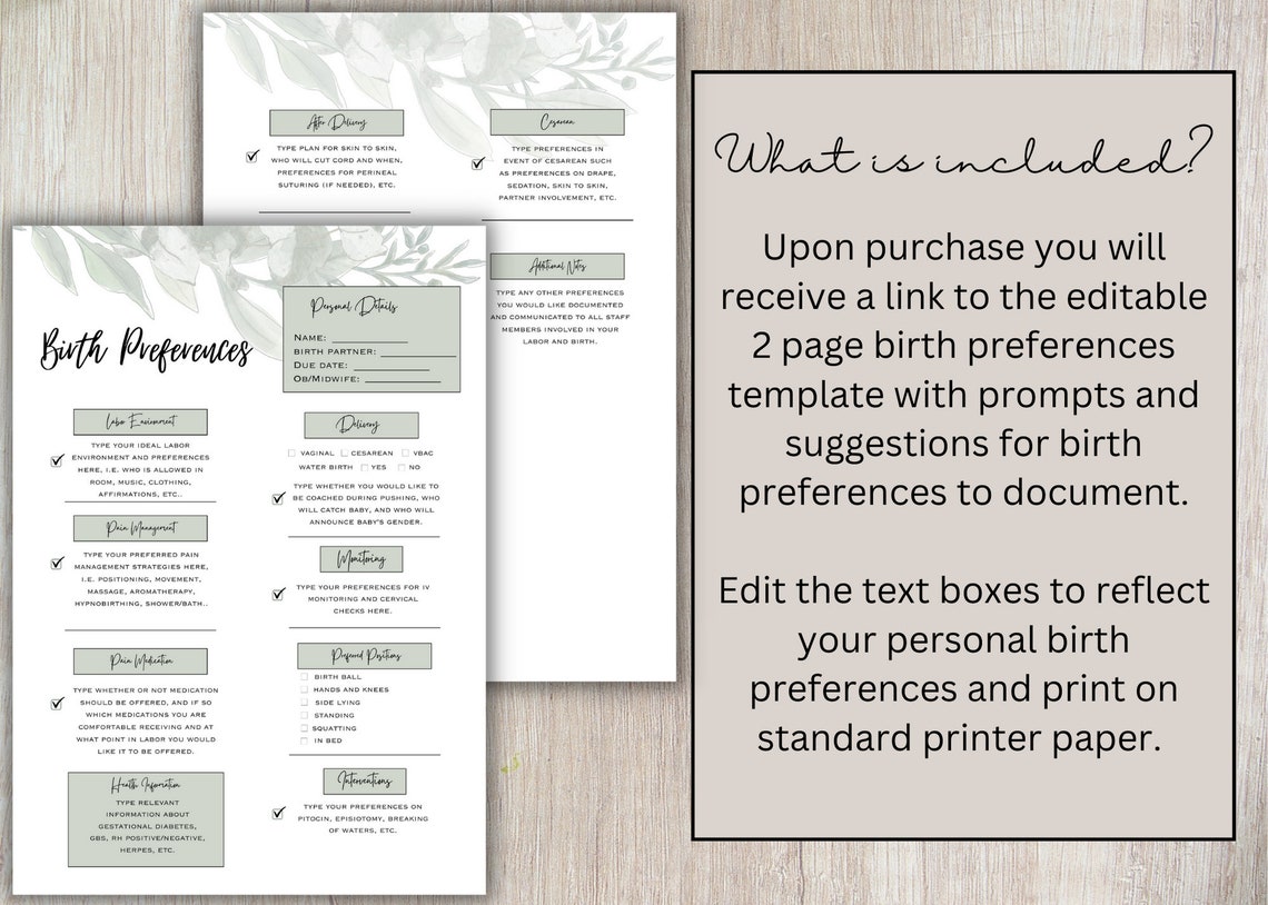 Editable Birth Preferences Template, Downloadable Birth Plan for Doula ...