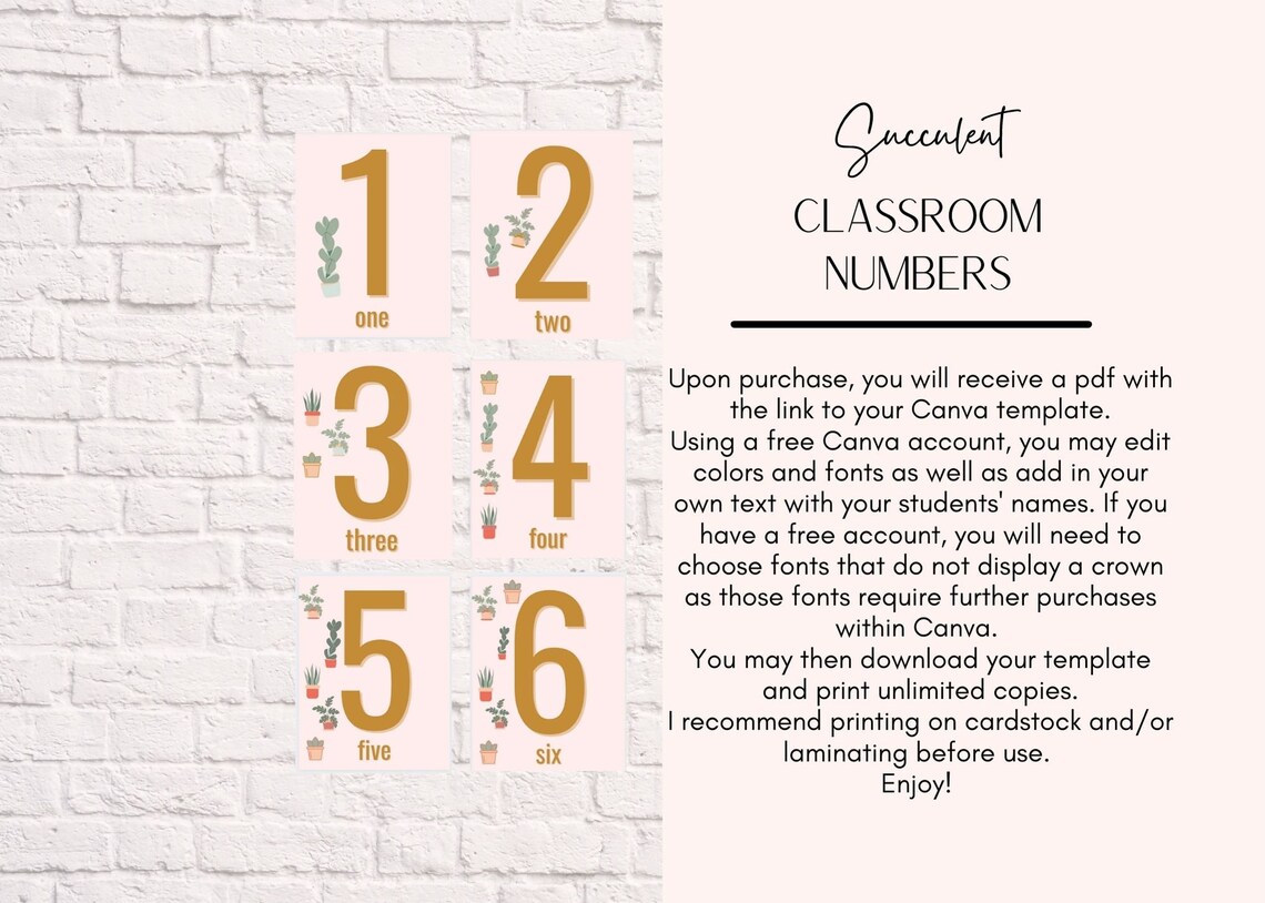 Succulent Number Posters for Classroom / Editable Canva - Etsy