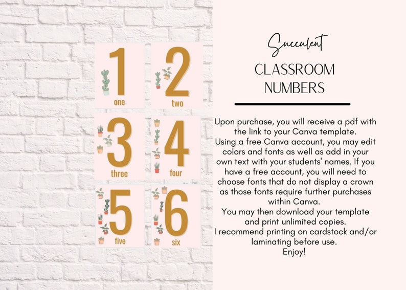 Succulent Number Posters for Classroom / Editable Canva Template ...