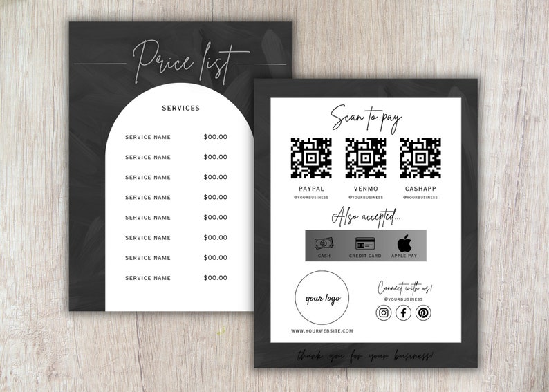 Editable Scan to Pay and Price List, Black & White Customizable Pricing ...