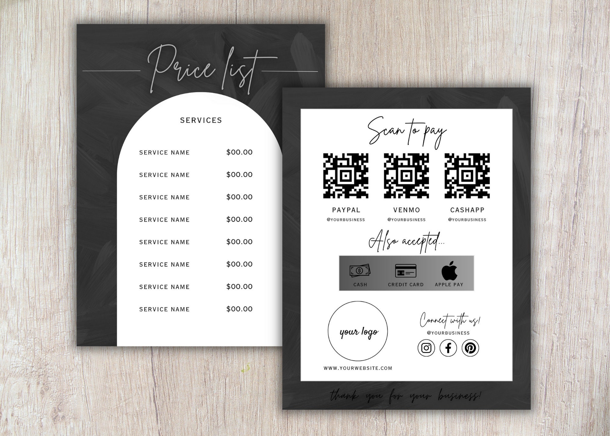 Editable Scan to Pay and Price List, Black & White Customizable Pricing ...