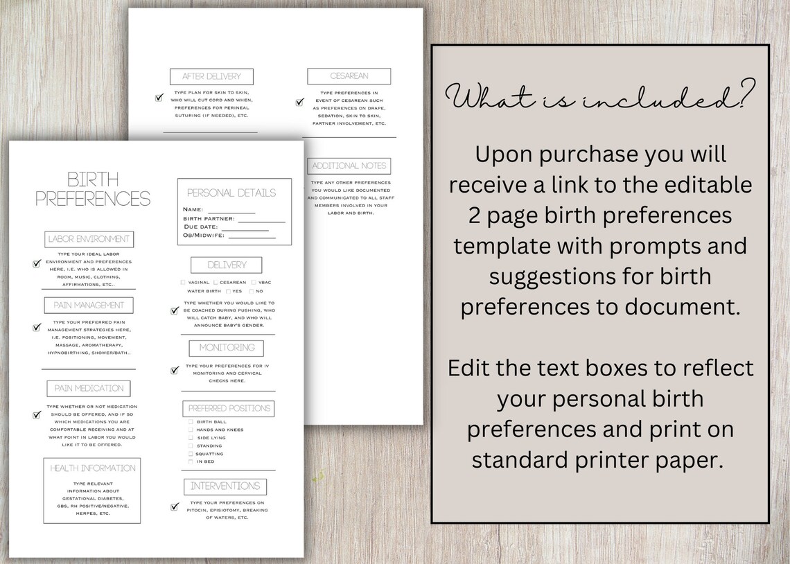 Editable Birth Preferences Template, Downloadable Birth Plan for Doula ...