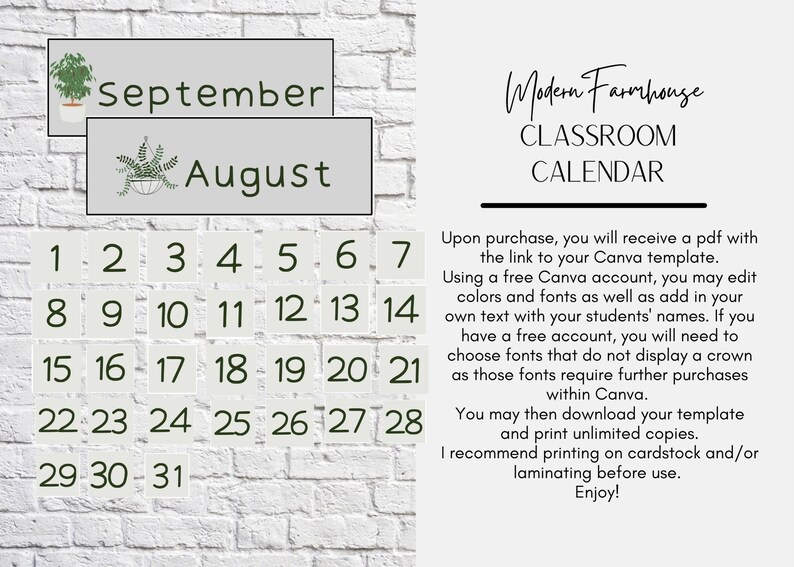 Modern Farmhouse Classroom Calendar Printable / Editable Classroom ...