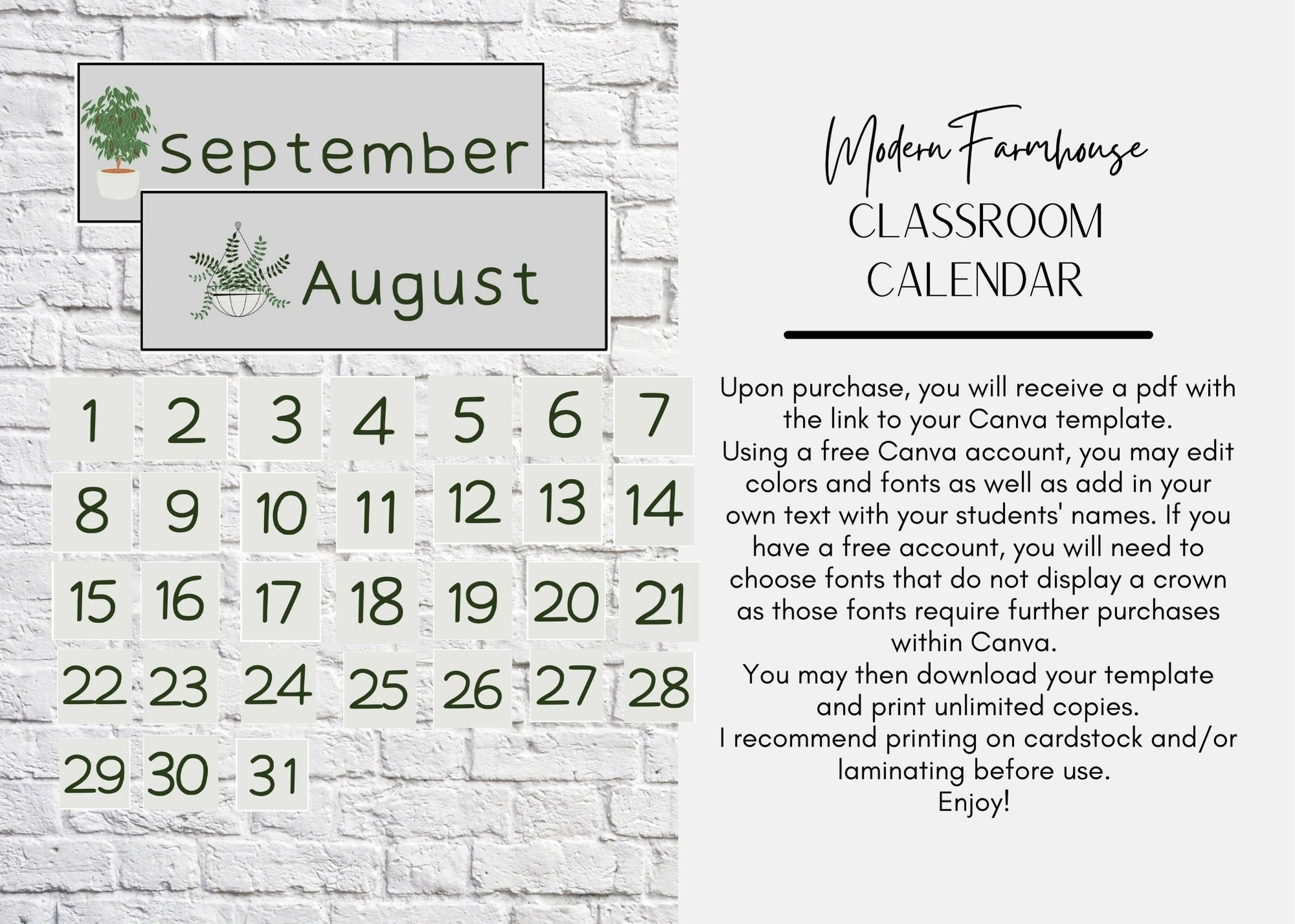 Modern Farmhouse Classroom Calendar Printable / Editable Classroom ...