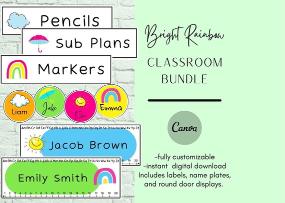 Bright Rainbow Classroom Bundle / Editable Name Tags / | Etsy
