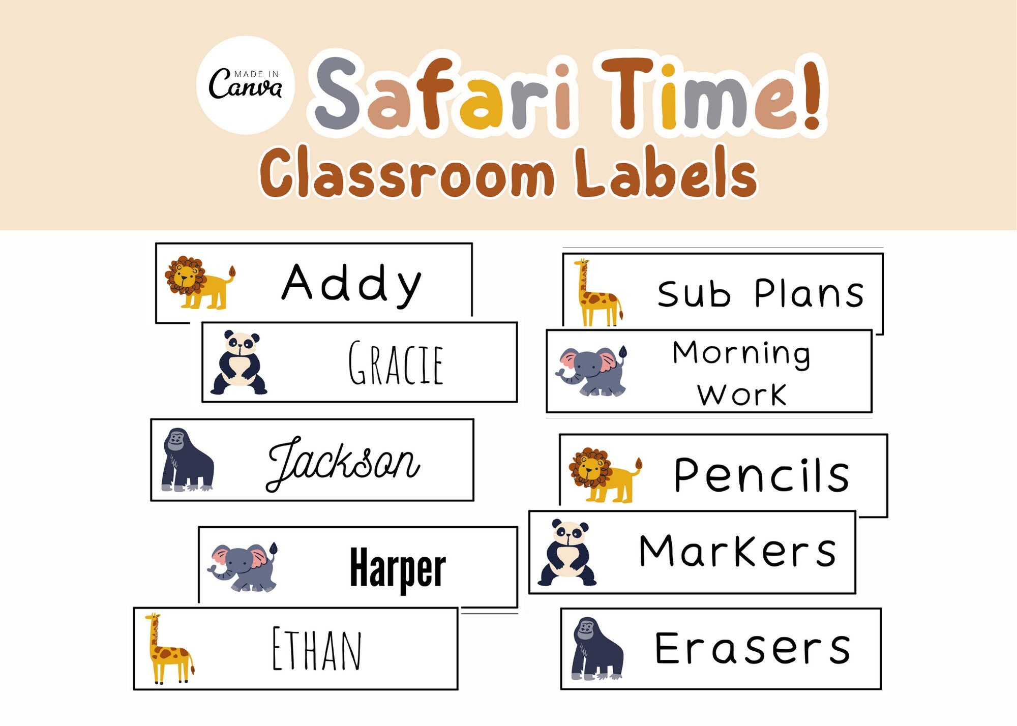 Editable Name Tags / Safari Theme Classroom / Zoo Animal Kids Decor ...