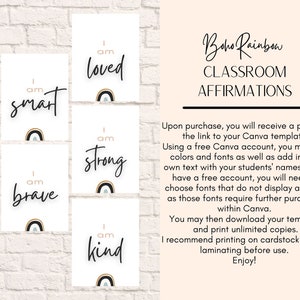 Boho Rainbow Classroom Affirmation Posters / Canva Template Digital ...