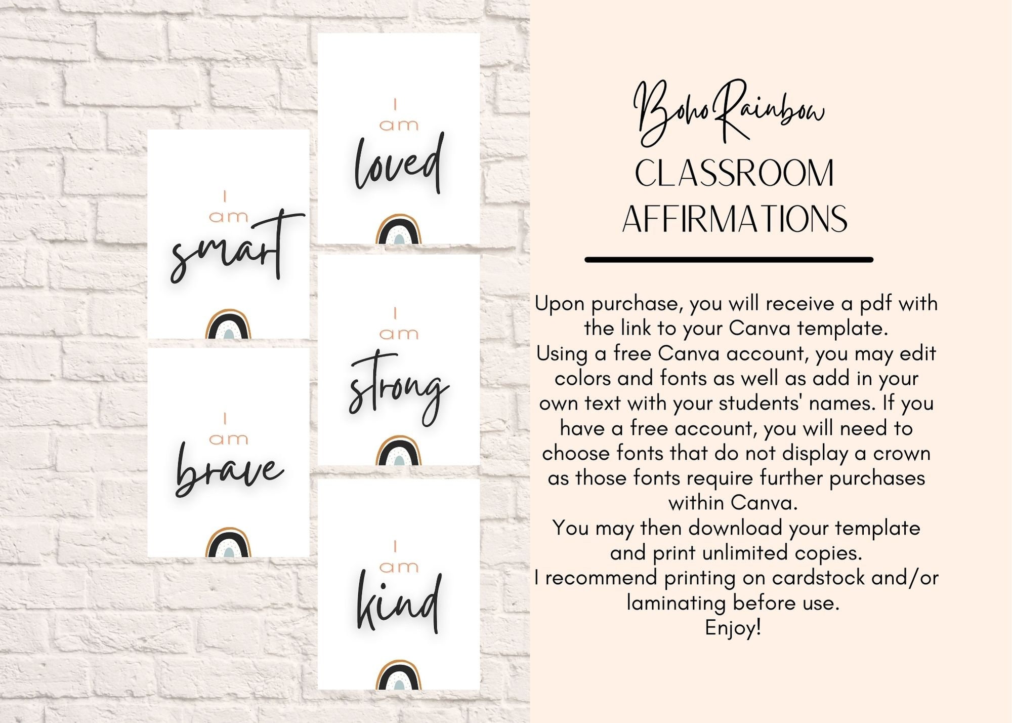 Boho Rainbow Classroom Affirmation Posters / Canva Template Digital ...