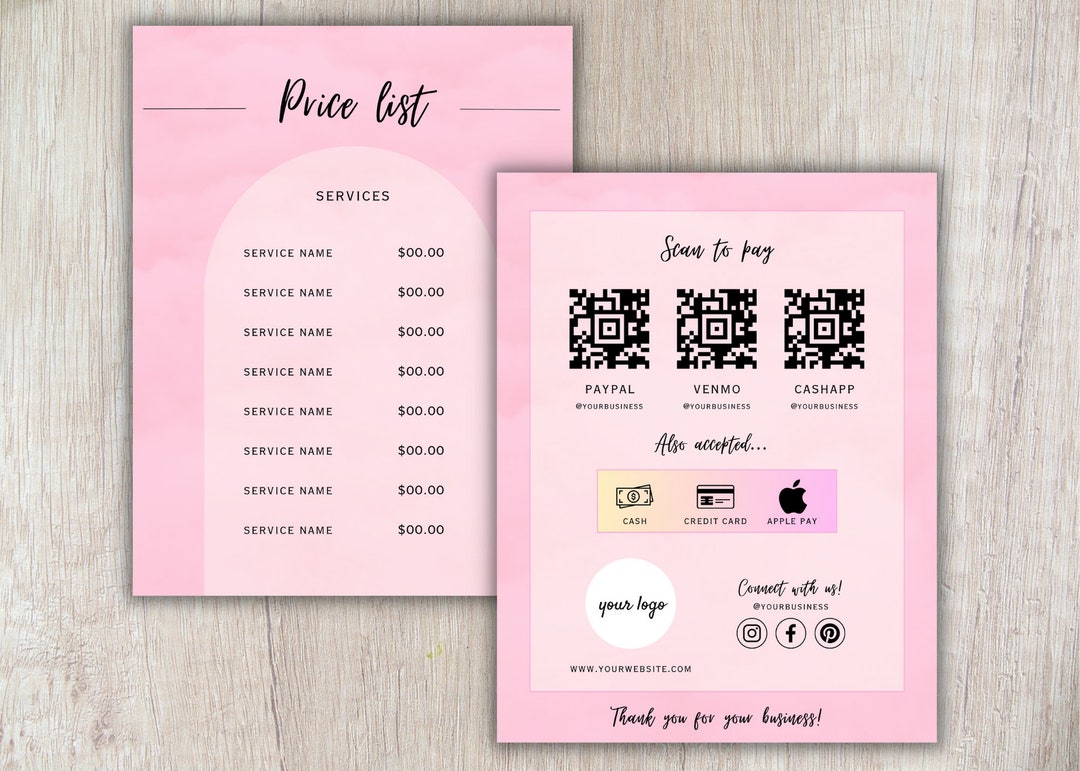 Editable Scan to Pay and Price List, Pink Customizable Pricing Guide ...