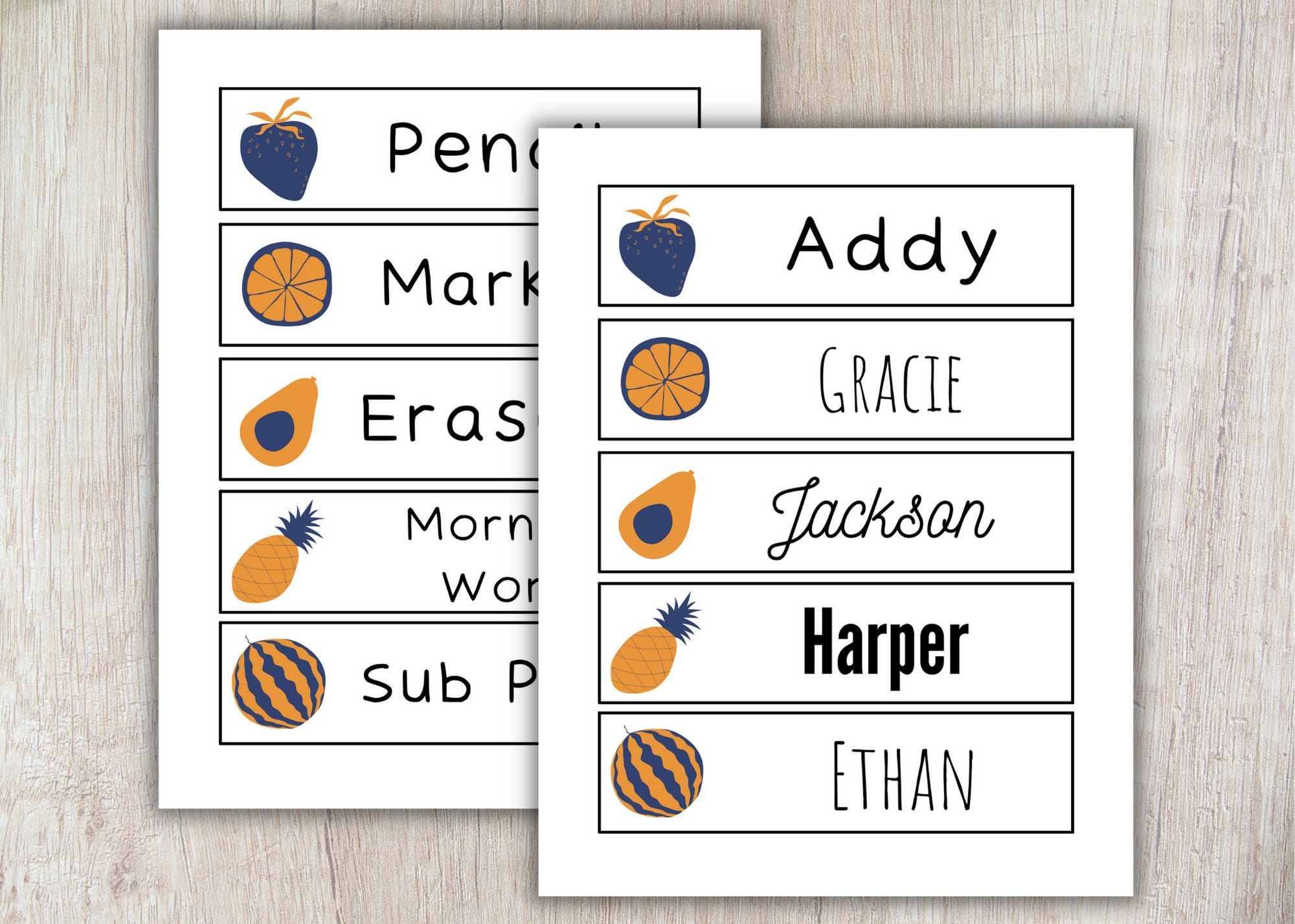Blue and Orange Printable Name Tags, Modern Fruit Themed Classroom ...
