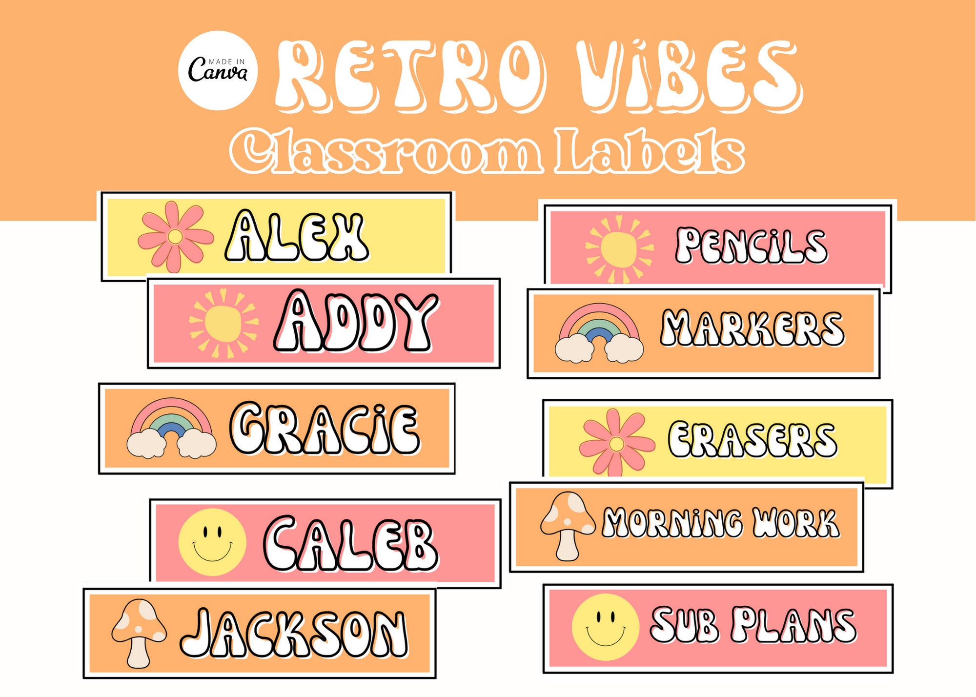 Editable Name Tags / Retro Theme Classroom / Groovy 70s Style Kids ...