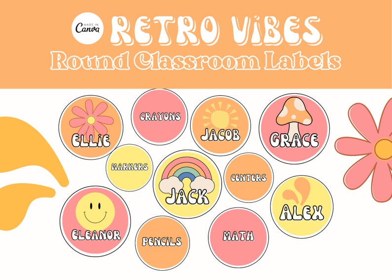Groovy Round Classroom Name Tags / Printable Name Tags / Retro 70s ...