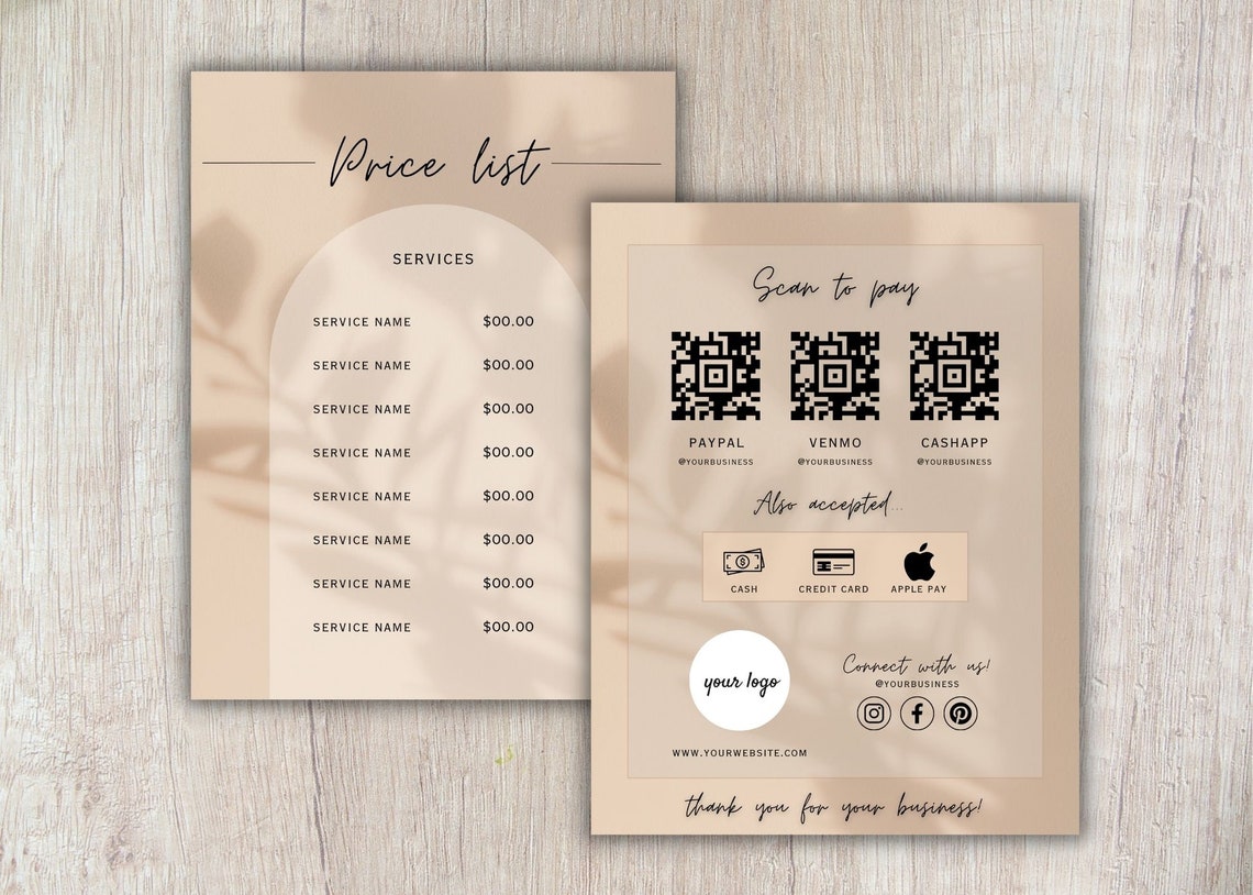 Editable Scan to Pay and Price List, Neutral Colored Customizable ...
