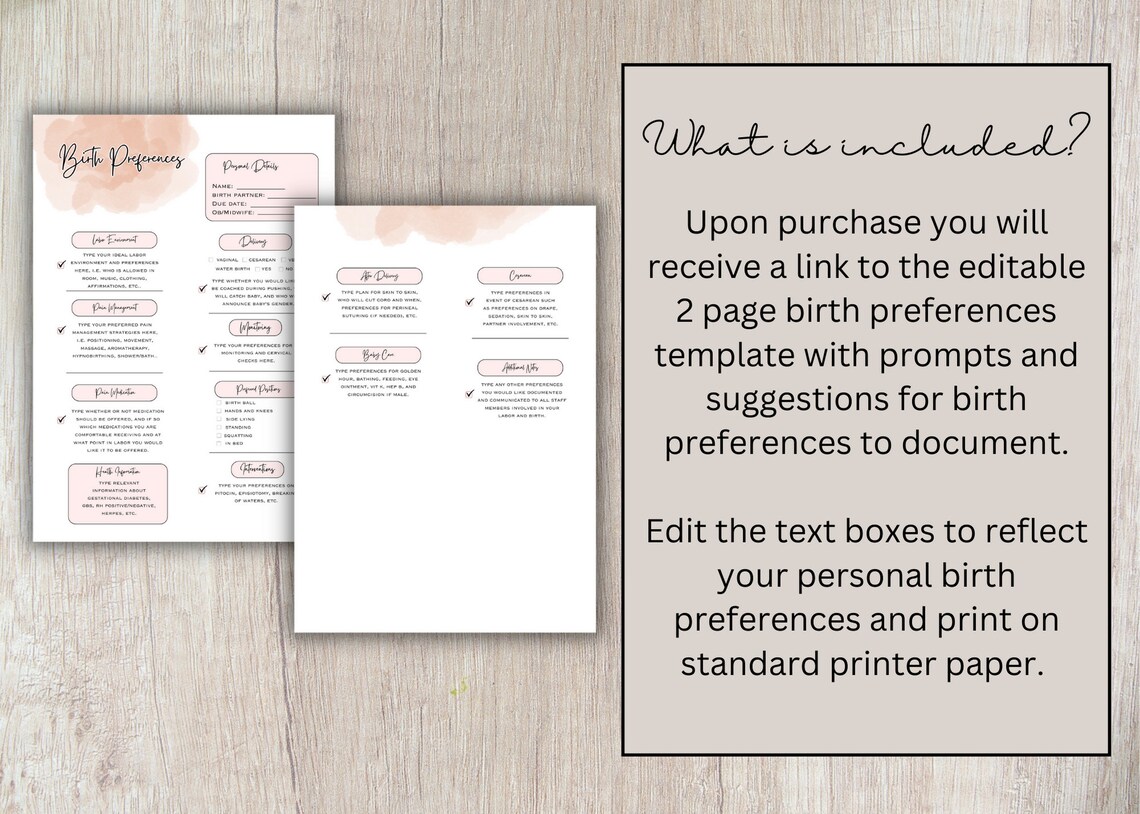 Editable Birth Preferences Template, Downloadable Birth Plan for Doula ...