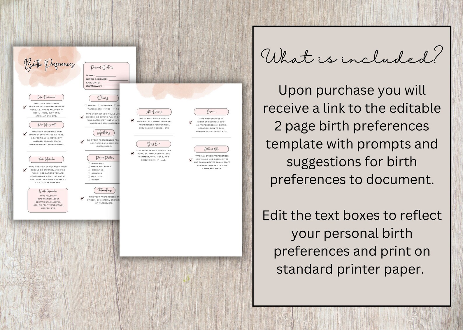 Editable Birth Preferences Template, Downloadable Birth Plan for Doula ...