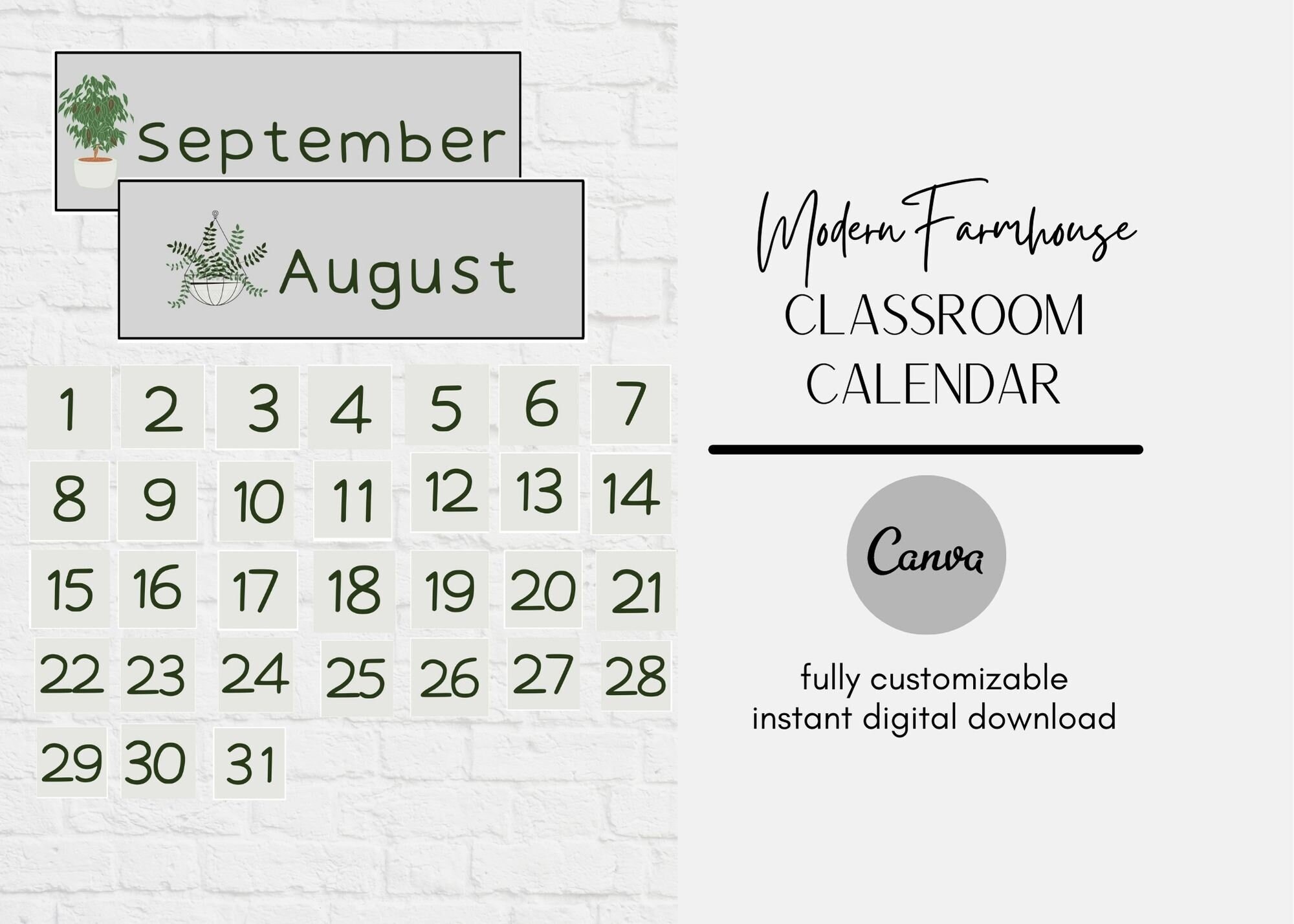 Modern Farmhouse Classroom Calendar Printable / Editable Classroom ...