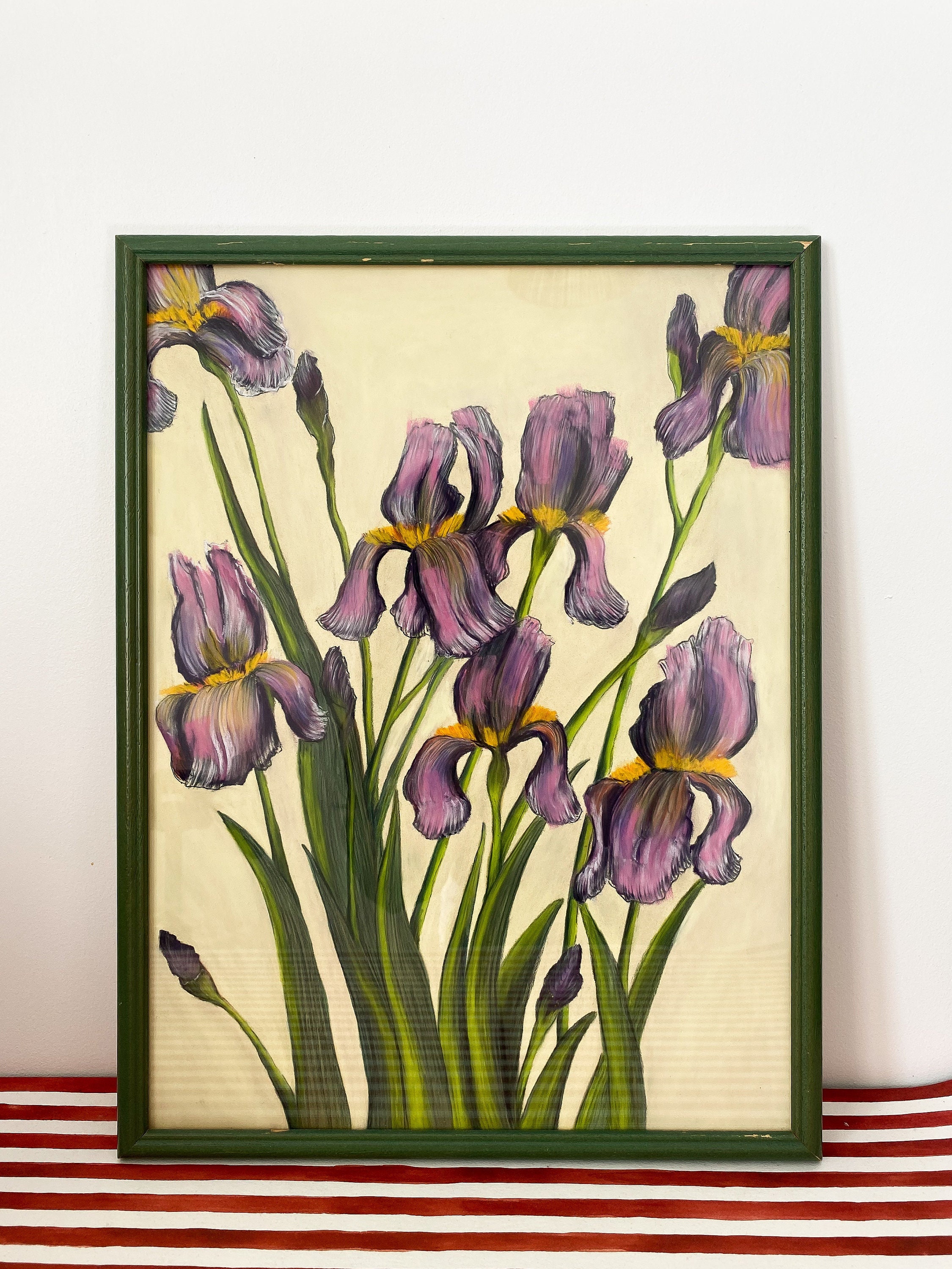 Original Soft Pastel Painting Iris Purple Flowers Wall Gallery Wood Vintage Green Frame - Etsy
