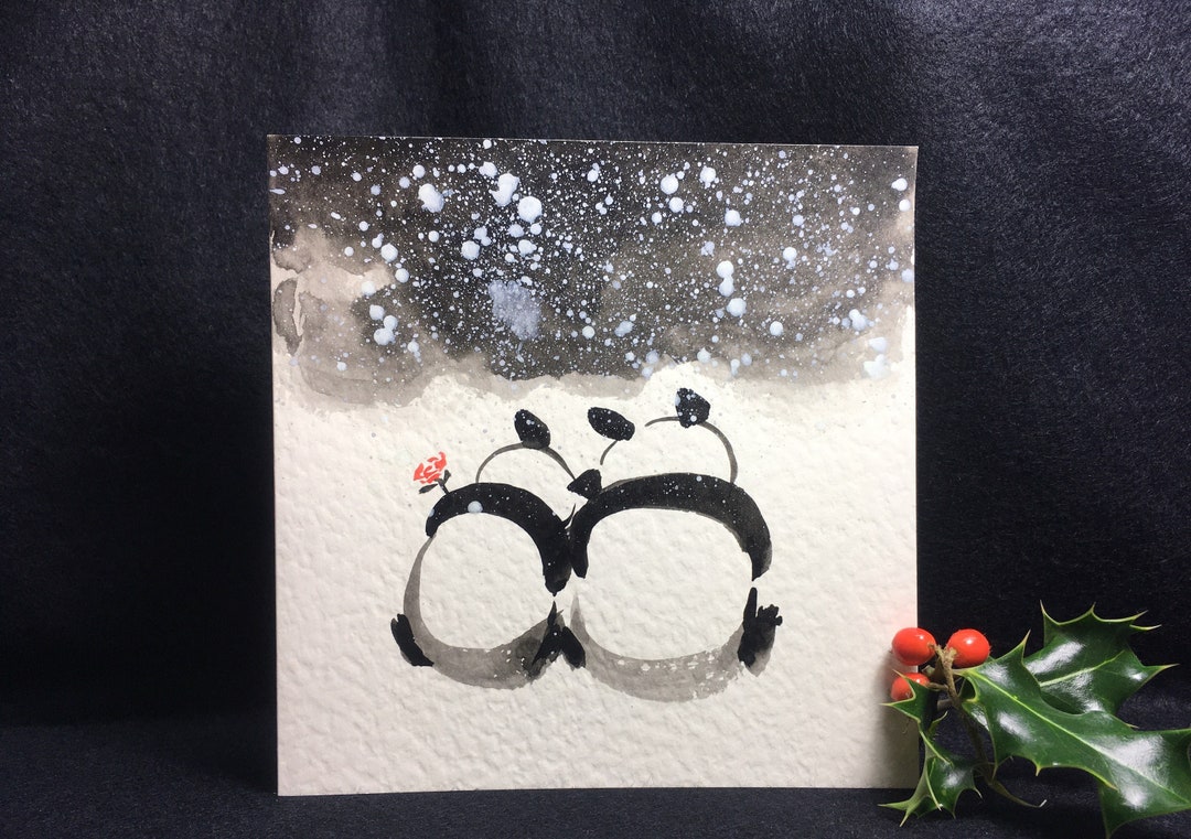 Hand Painted Panda Christmas Card. Personalised Couple Christmas Card ...