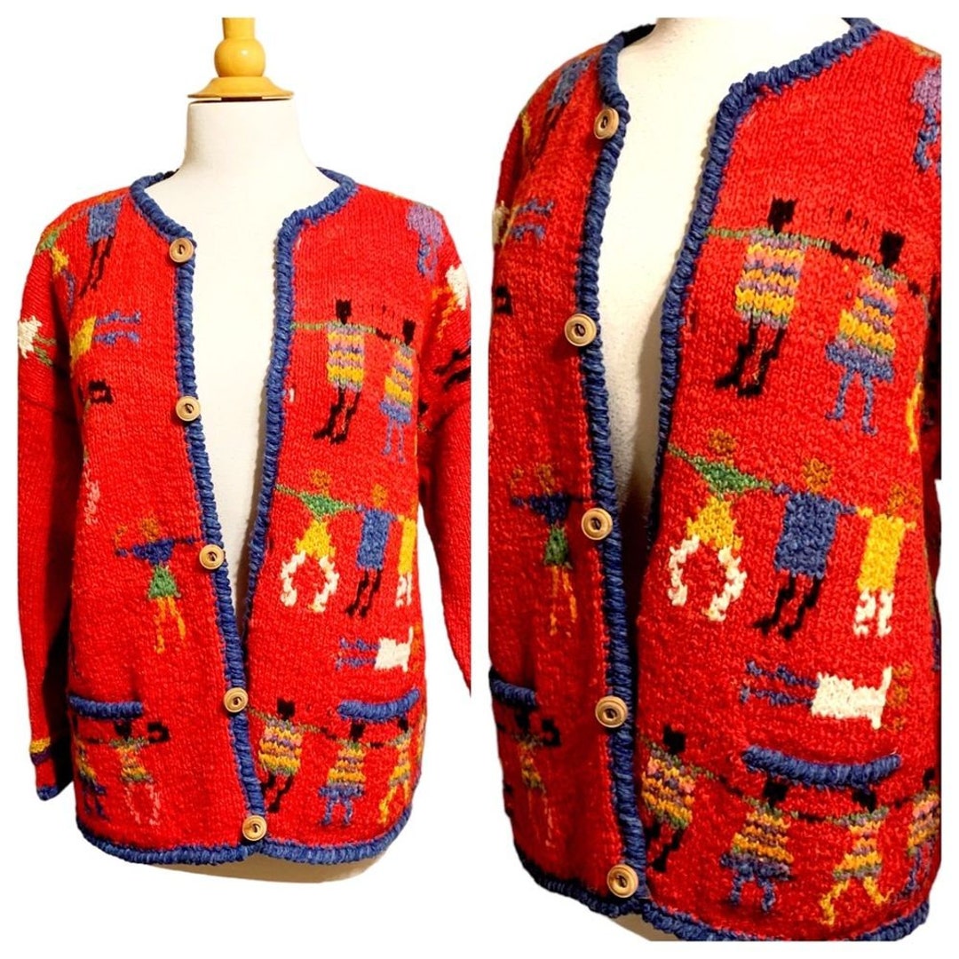 Vintage AMANO Hand Knit Wool Red Aztec Cardigan - L/XL - Etsy