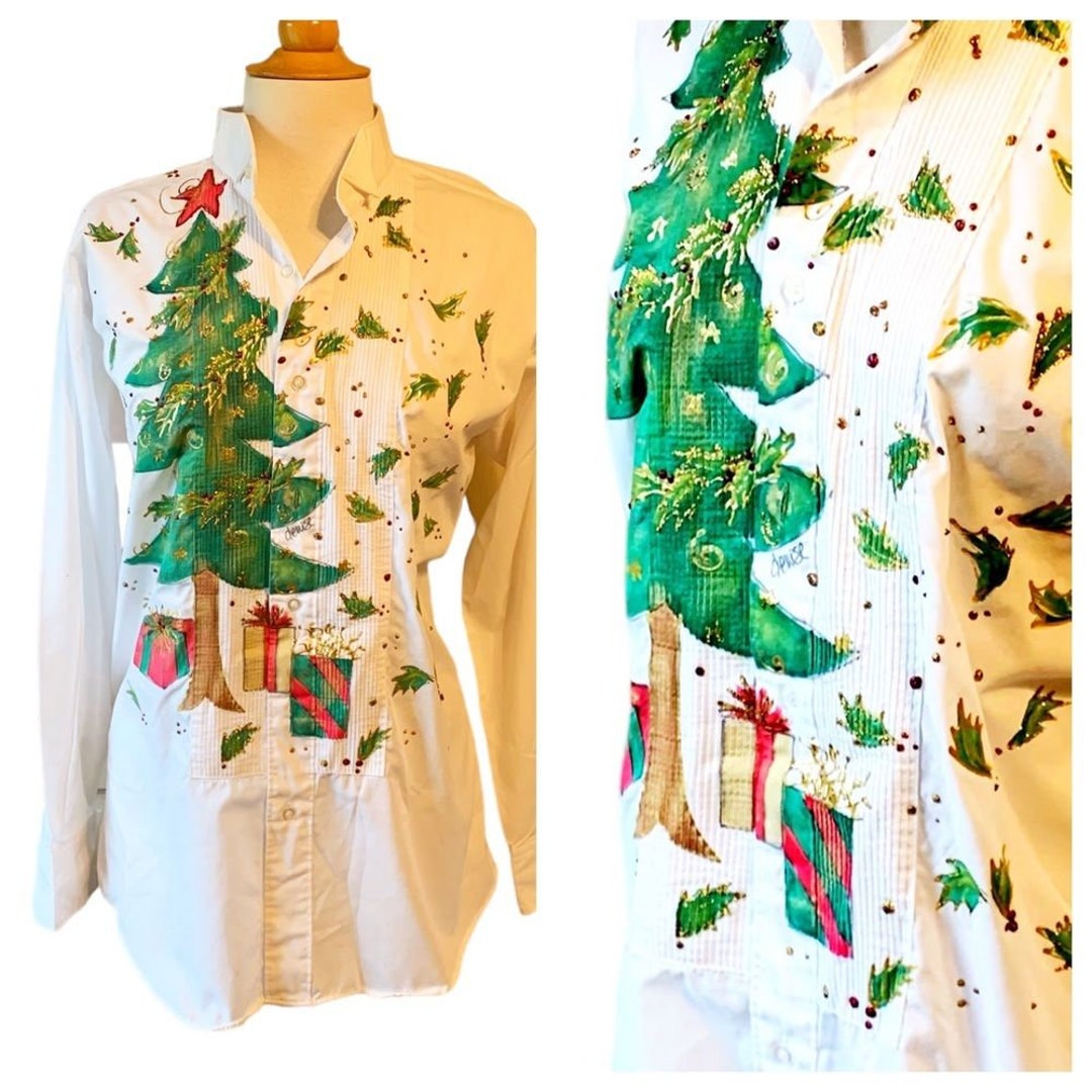 Vintage Hand Painted Christmas Tree Tuxedo Shirt Medium - Etsy