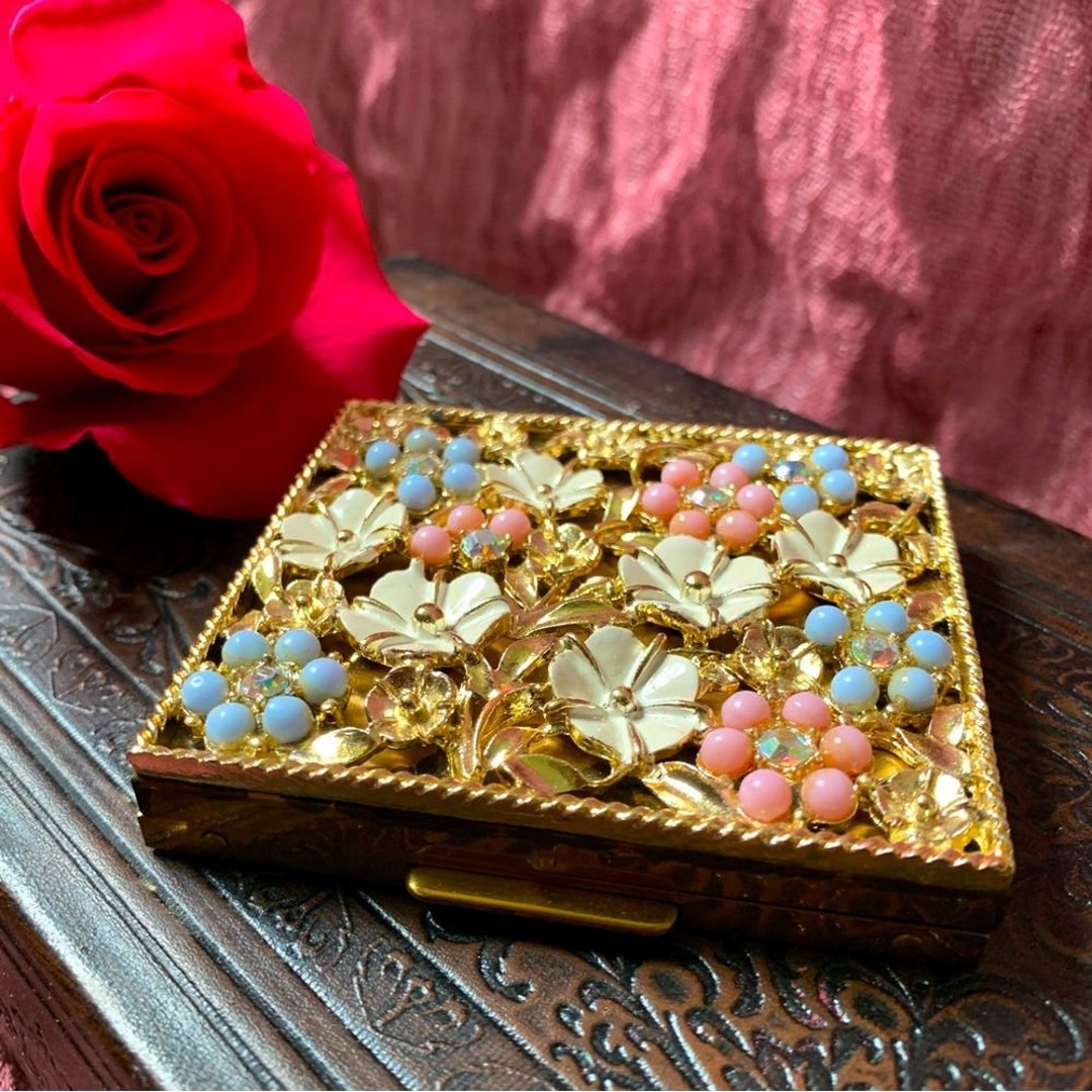Sam Fink Co 5th Ave Vintage 3D Floral Embellished Gold Metal Makeup ...