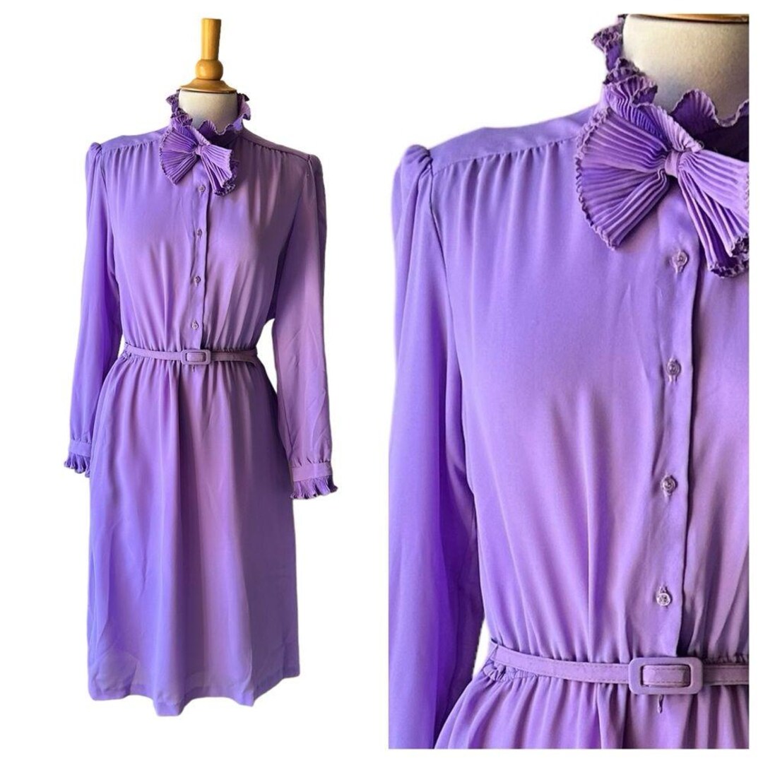 Vintage Lavender Purple Ruffle High Neck 1980s Victorian Inspired Midi ...