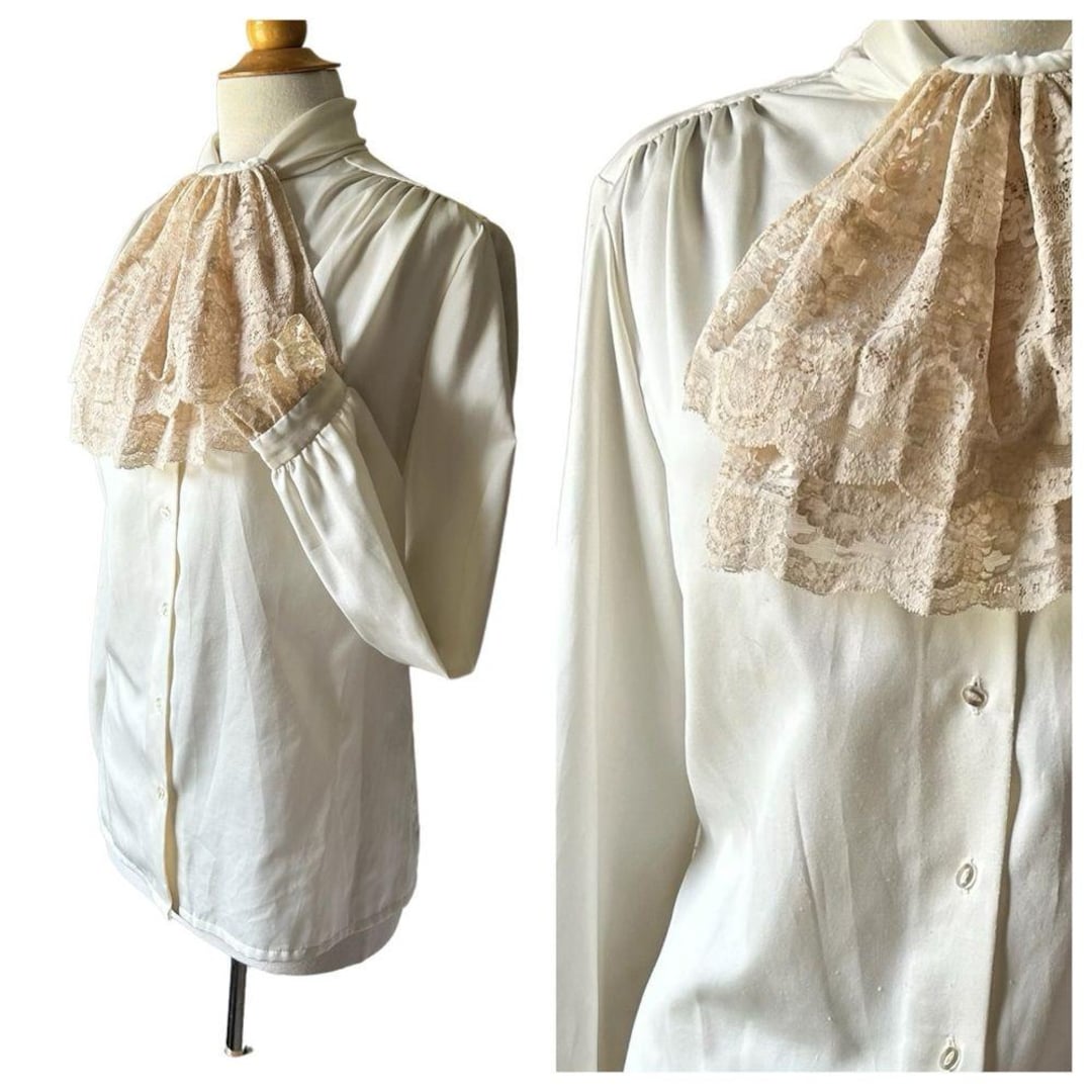 Vintage Crea Ivory Victorian Regency Lace Cravat Blouse Large - Etsy