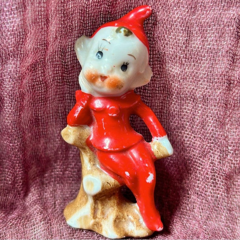 Vintage Mid Century Christmas Elf Pixie Perched on Wood Stump - Etsy
