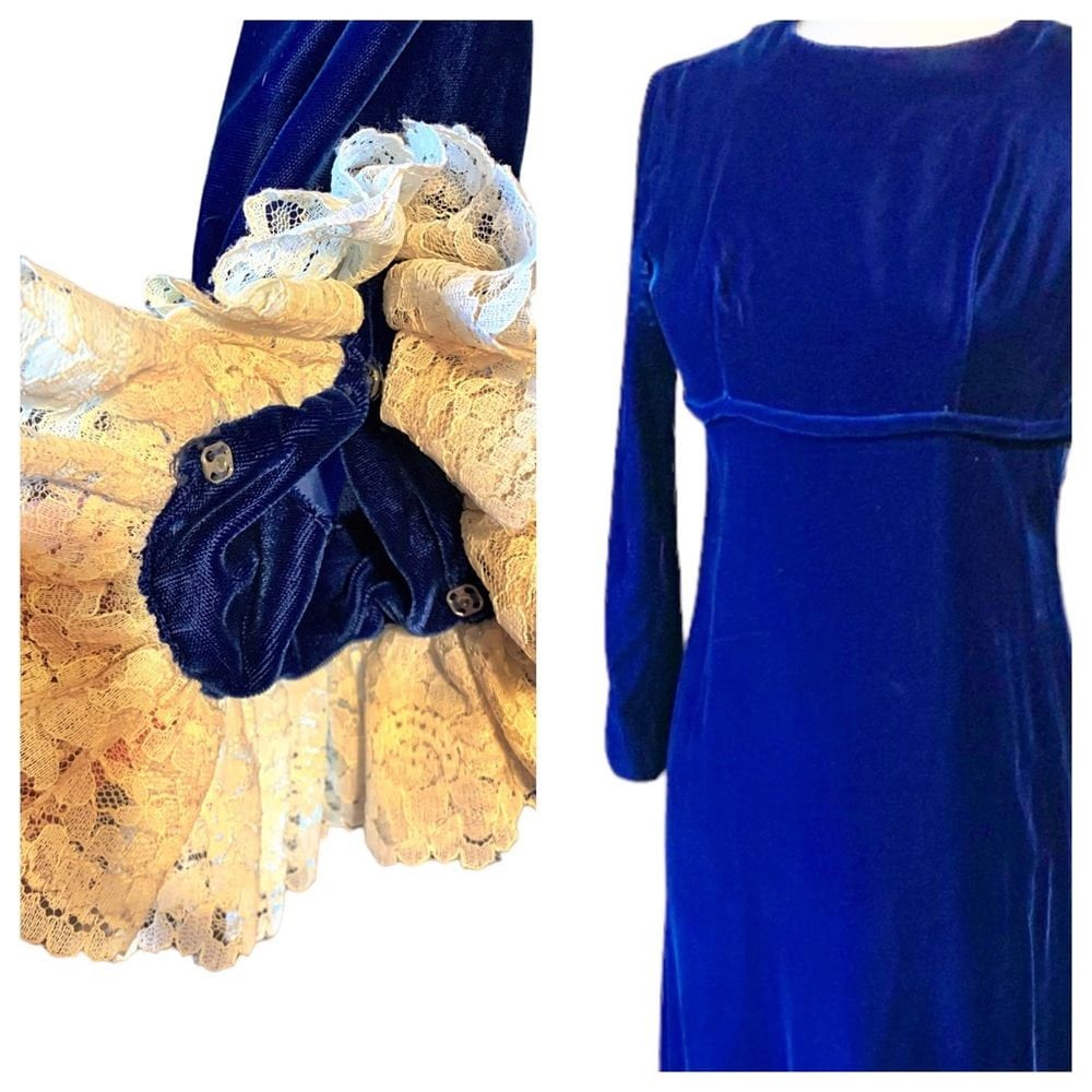 Vintage Lorrie Deb Royal Blue Long Sleeve Velvet Dress With Lace Cuffs ...
