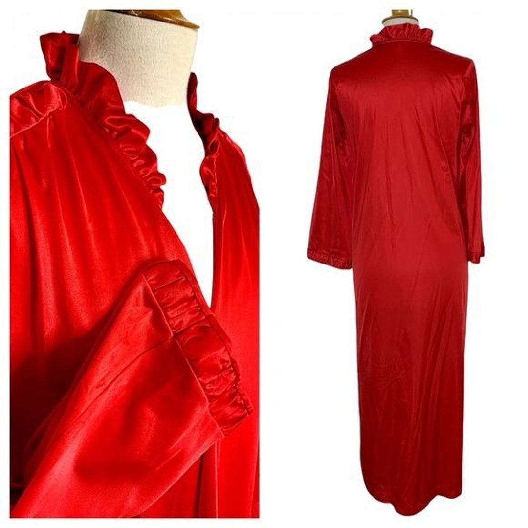 Vintage Red Vanity Fair Zip Front Long Sleeve Ruffle Collar Nightgown ...