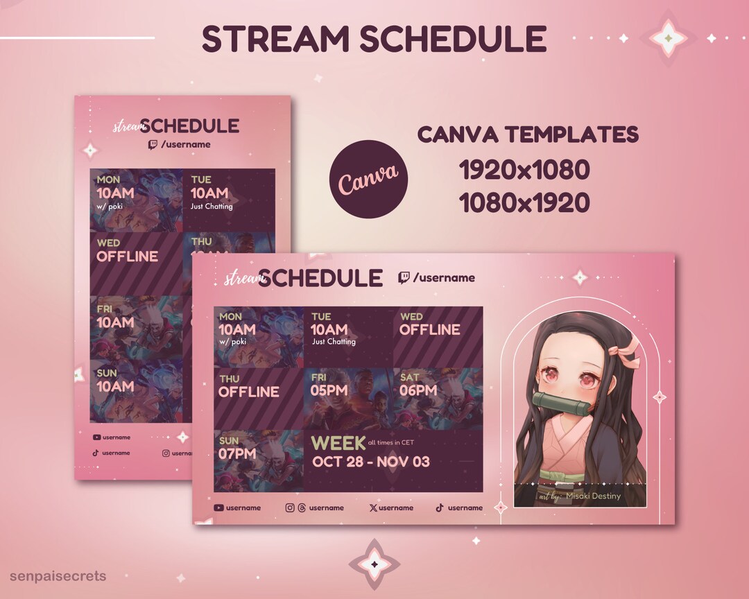 Cute Stream Schedule Templates for Canva • Weekly Schedule for ...