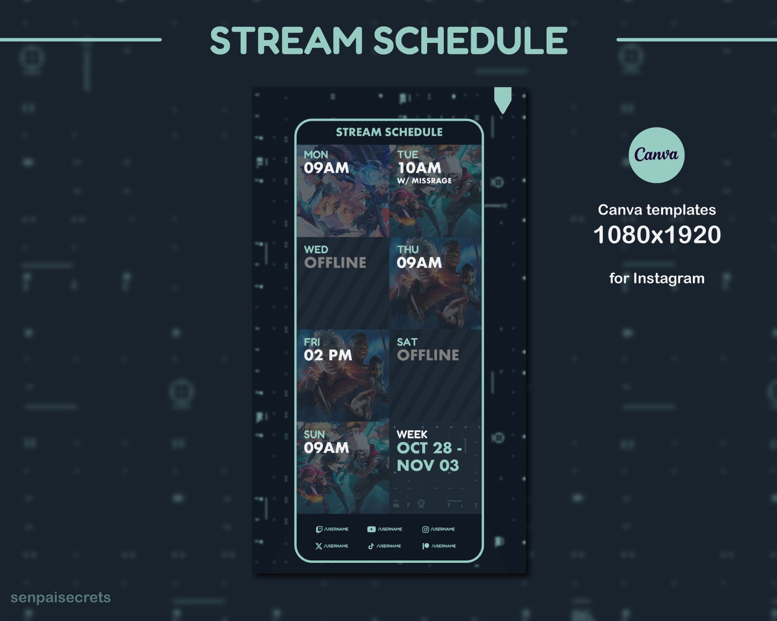 Mint Crosshair Stream Schedule Template: Valorant Theme (canva, Digital ...