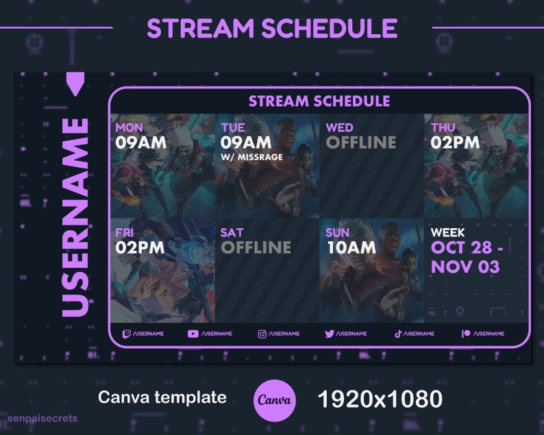Purple Crosshair Stream Schedule Template for Canva (digital Download ...