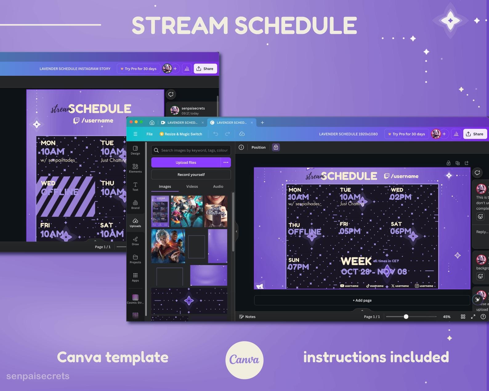 Stream Schedule Dreamy Lavender Templates for Canva • Weekly Schedule ...