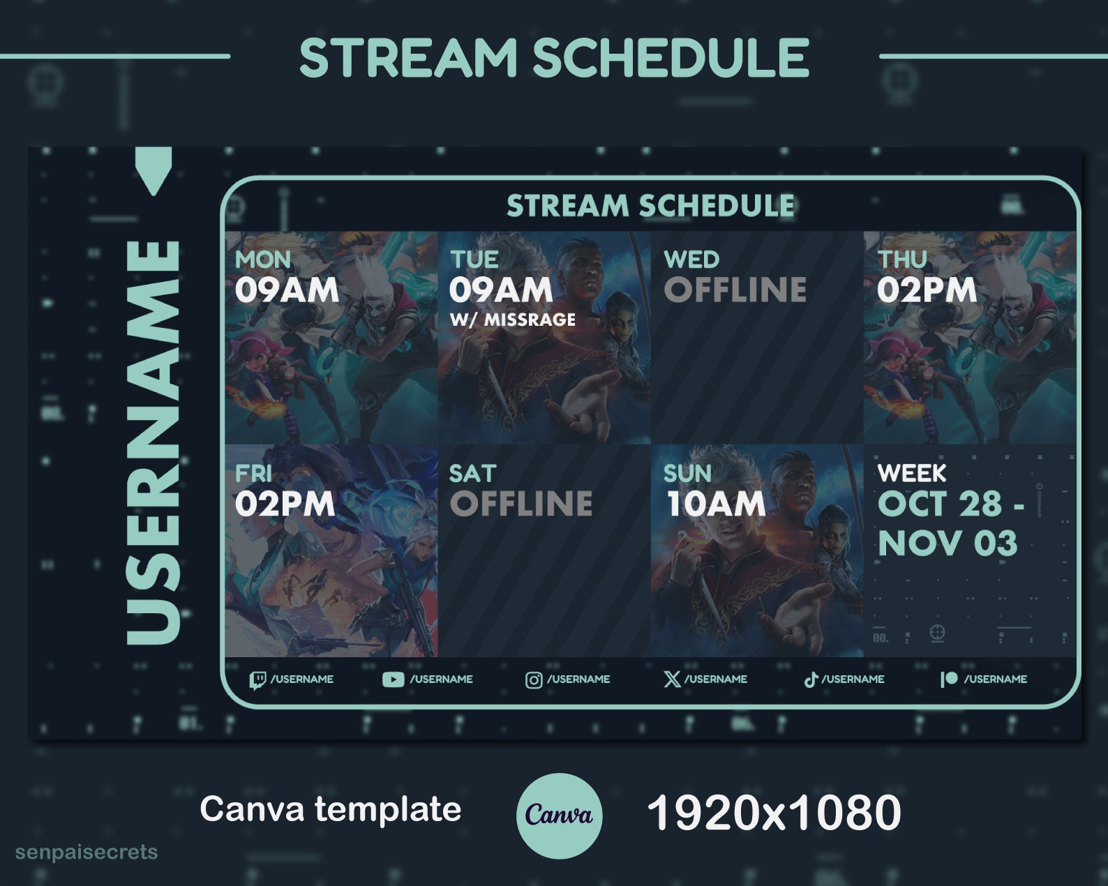 Mint Crosshair Stream Schedule Template: Valorant Theme (canva, Digital ...
