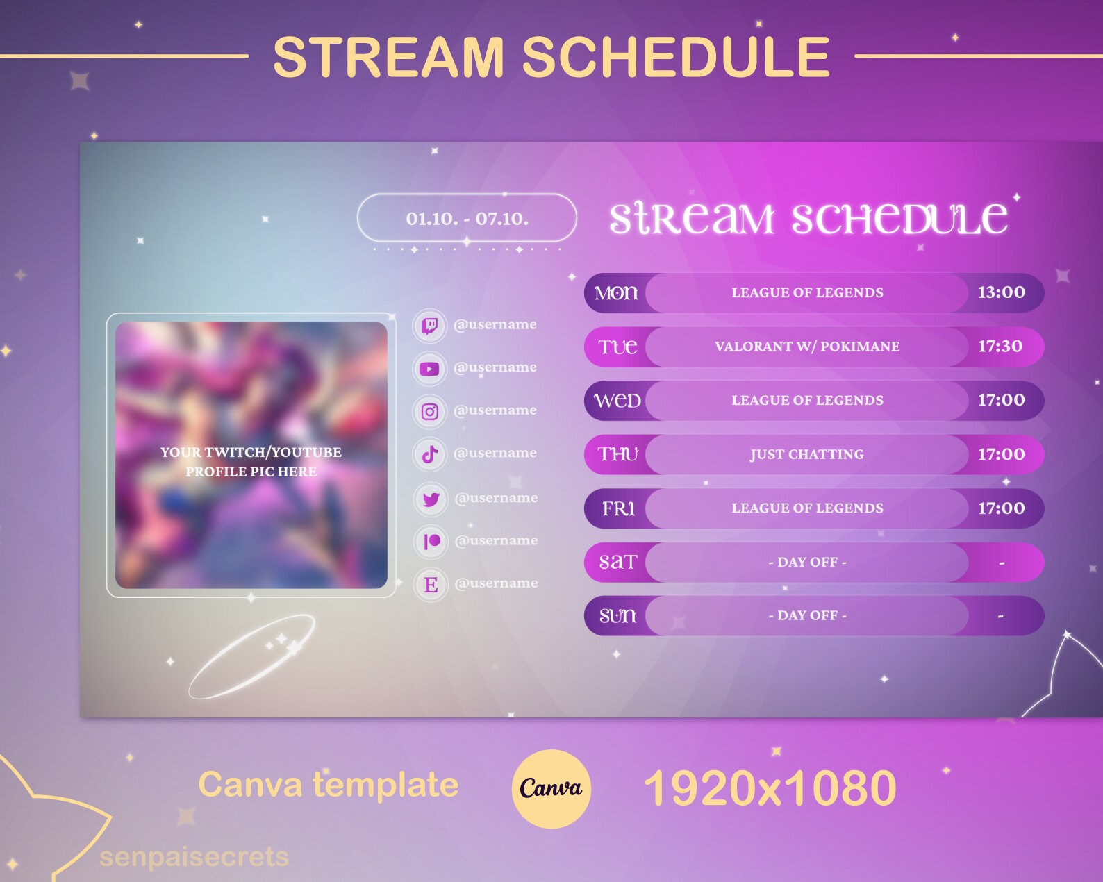 Stream Schedule Cosmic Star Templates for Canva | Star Guardian Themed ...