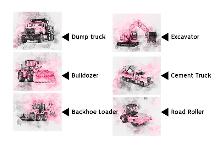 PRINTS: Pink Watercolour Construction Vehicles Set Baby - Etsy