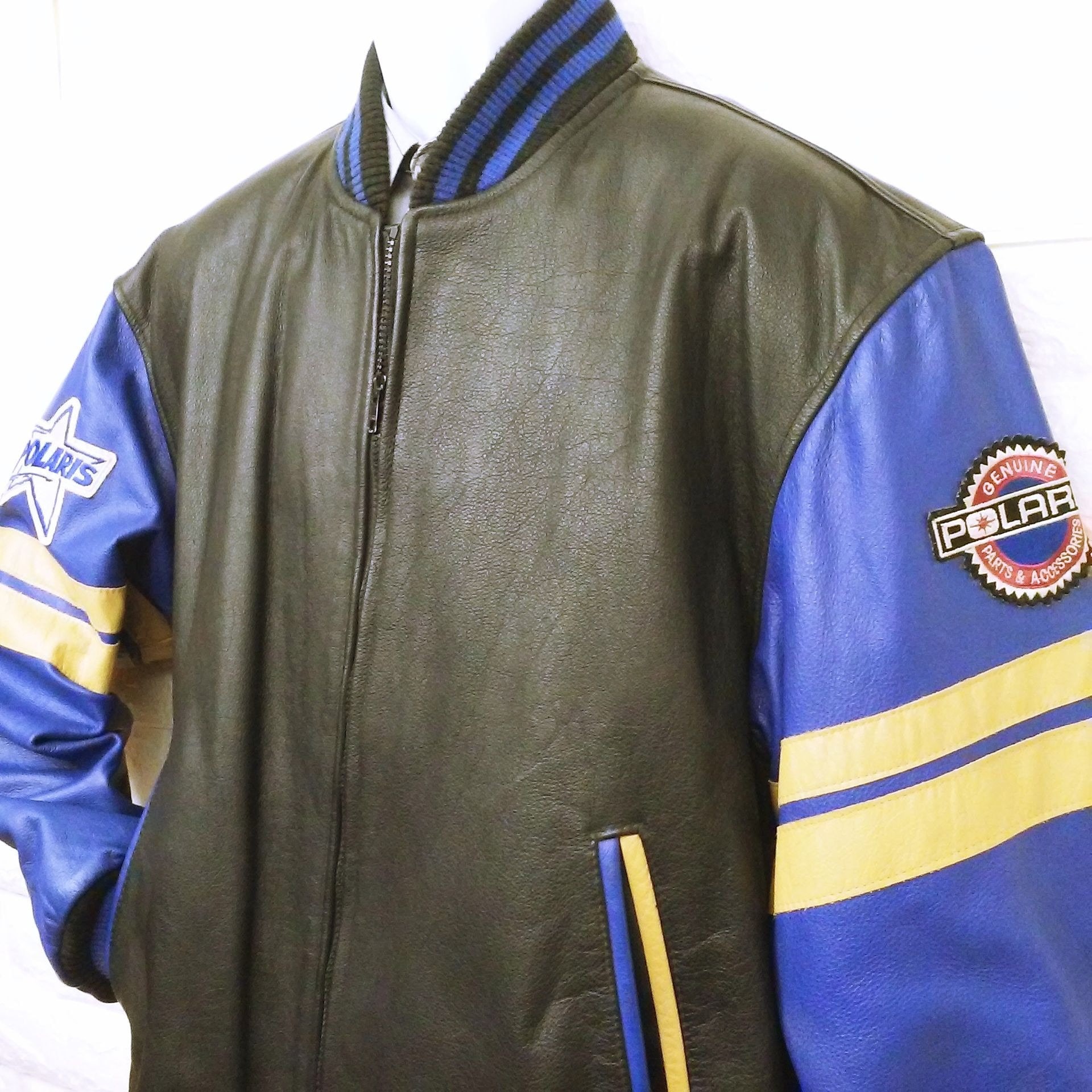 Vintage 80s Polaris Leather Bomber Jacket Mens-xl Embroidered Logos Patches Moto Varsity Racing ...